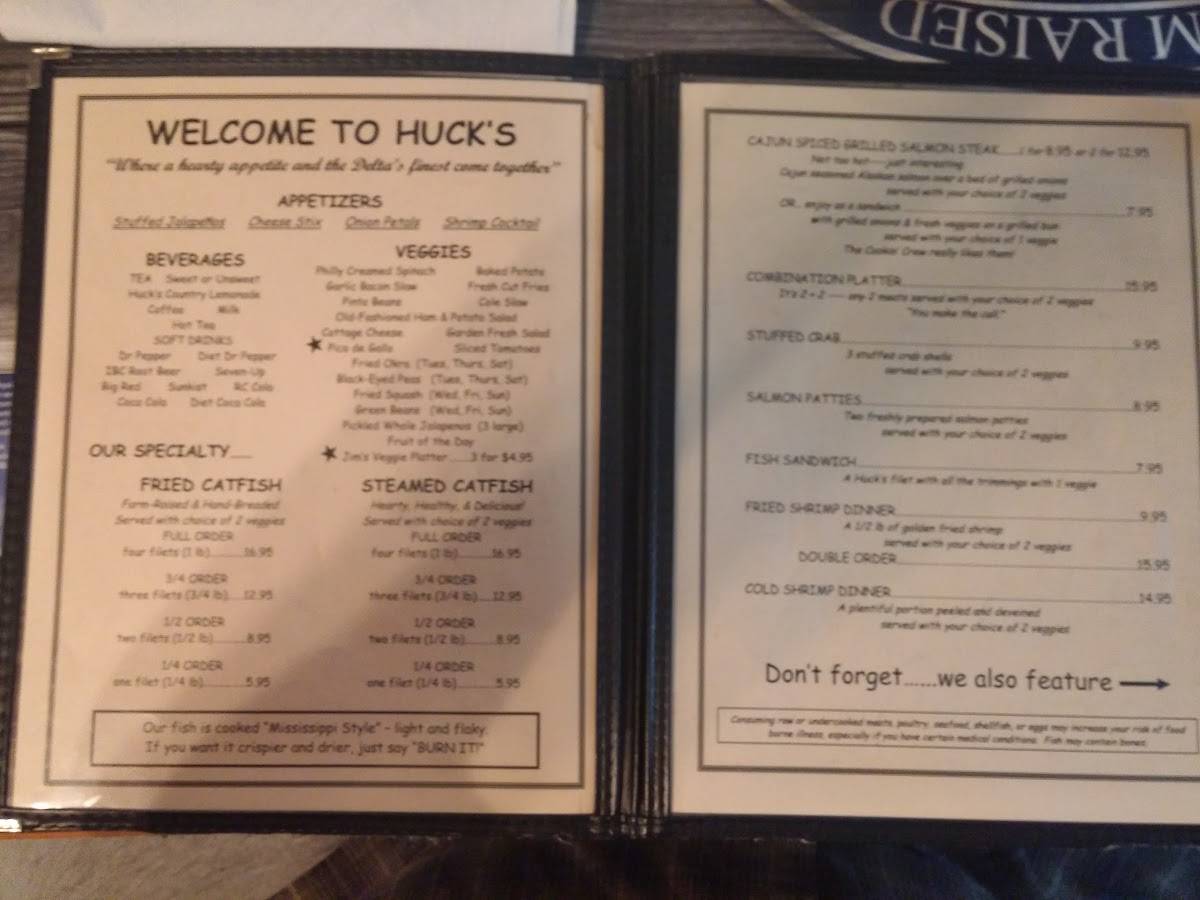 Menu at Huck's Catfish restaurant, Denison