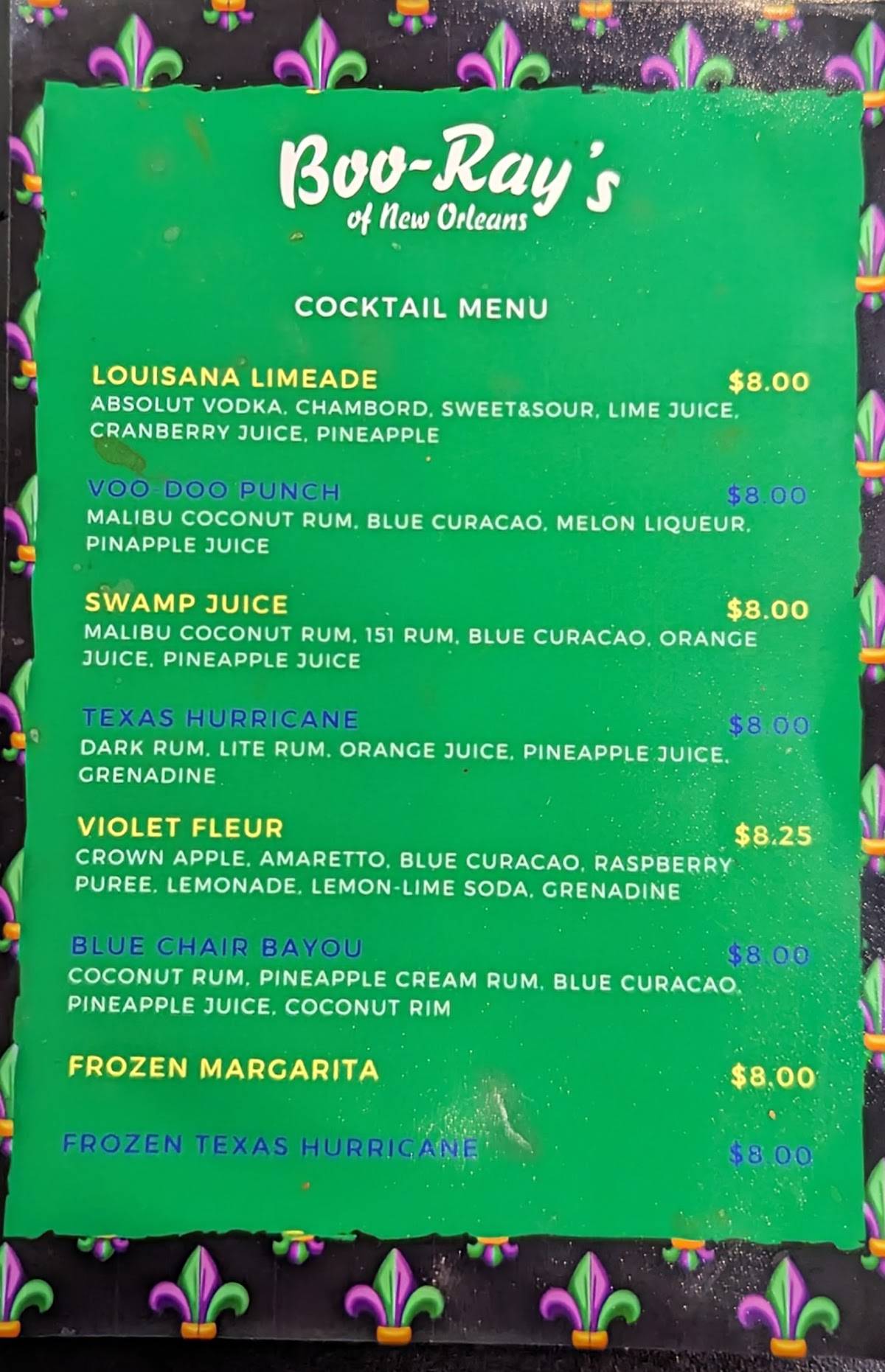 Menu at Boo-Ray's of New Orleans restaurant, Hudson Oaks, 201 Hudson ...