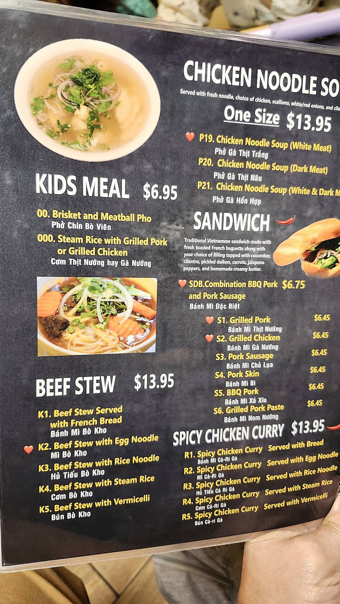 Menu at Pho One restaurant, Hurst