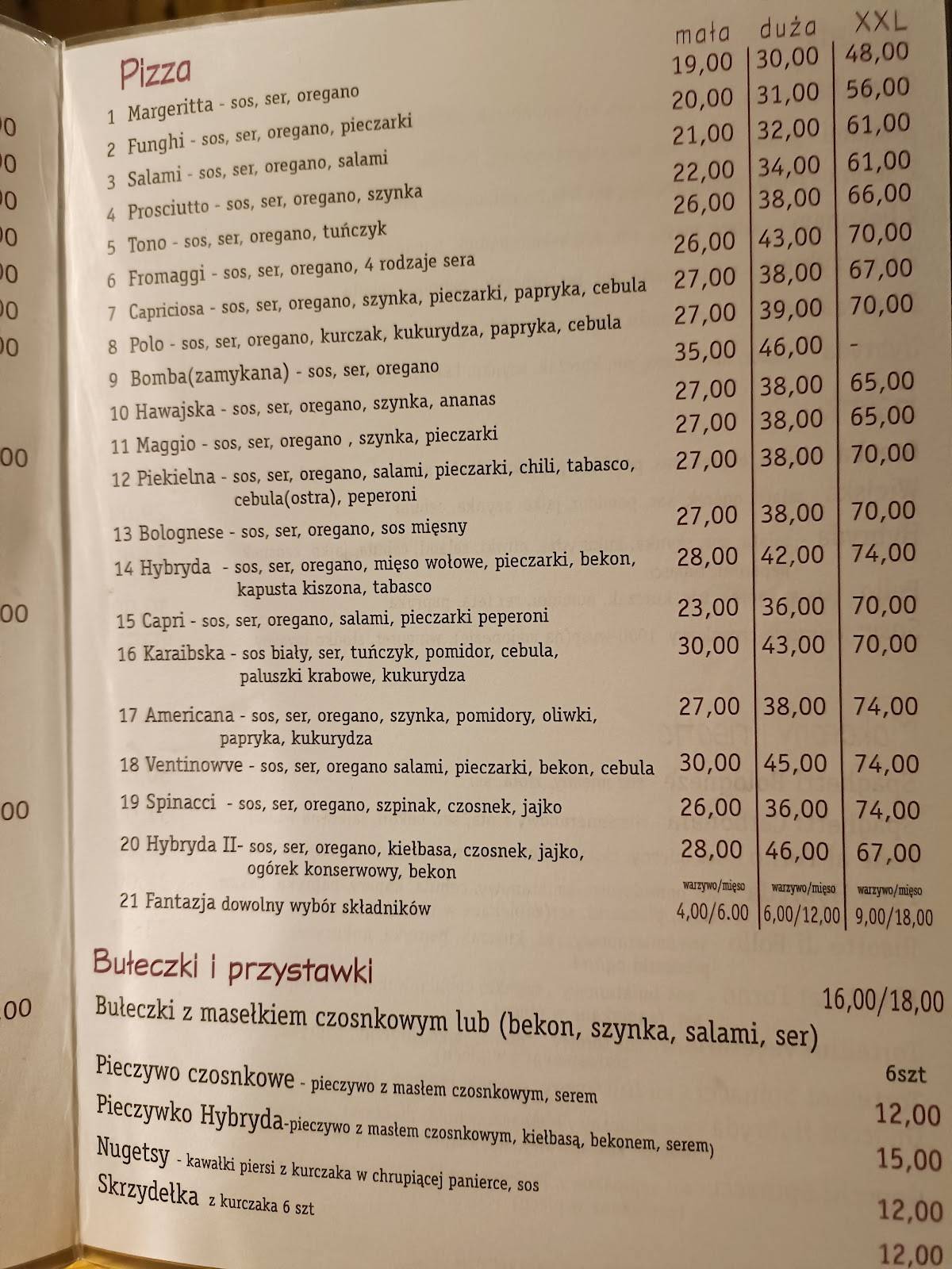 Menu at Hybryda restaurant, Świętochłowice