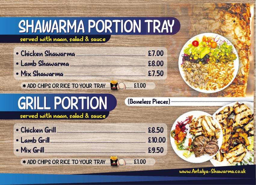 Menu at Antalya Shawarma restaurant, Hyde