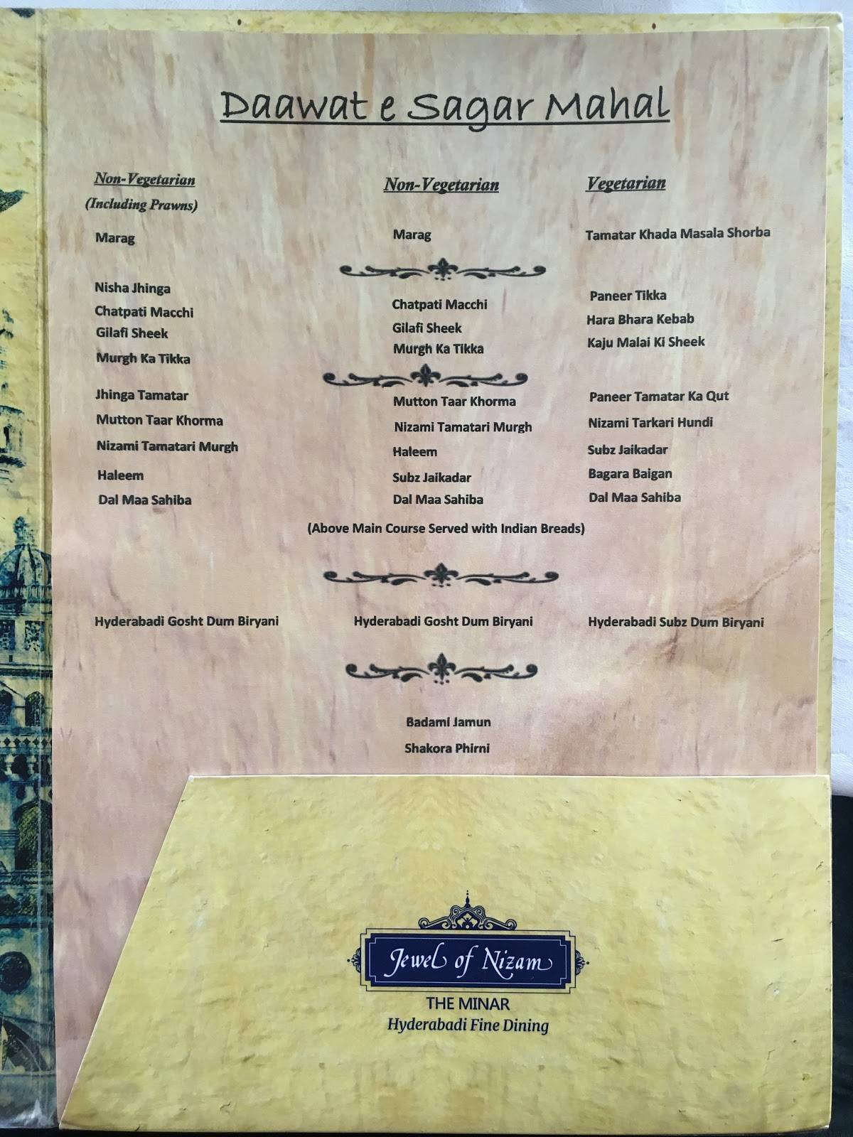 Menu at Jewel of Nizam - The Minar, Hyderabad, The Golkonda Resort