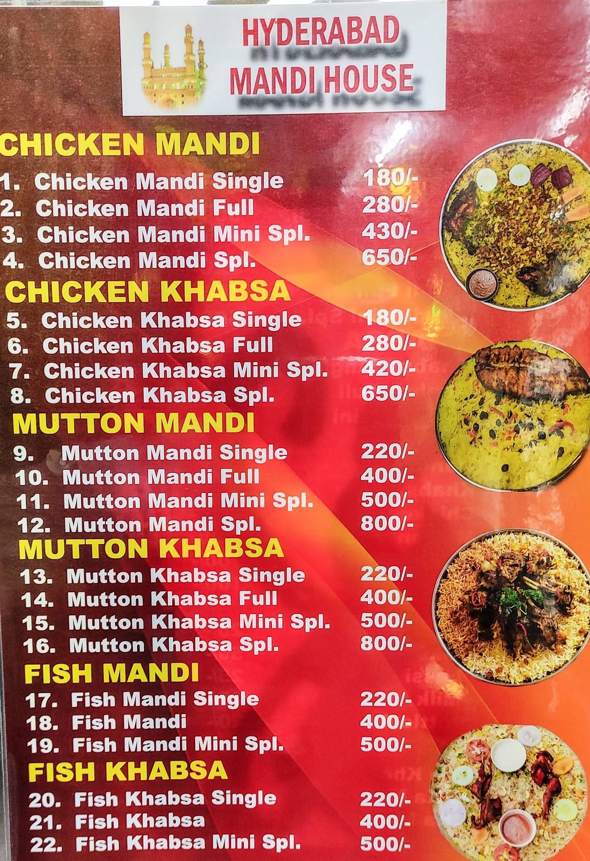 Menu at Hyderabad Mandi House, Hyderabad