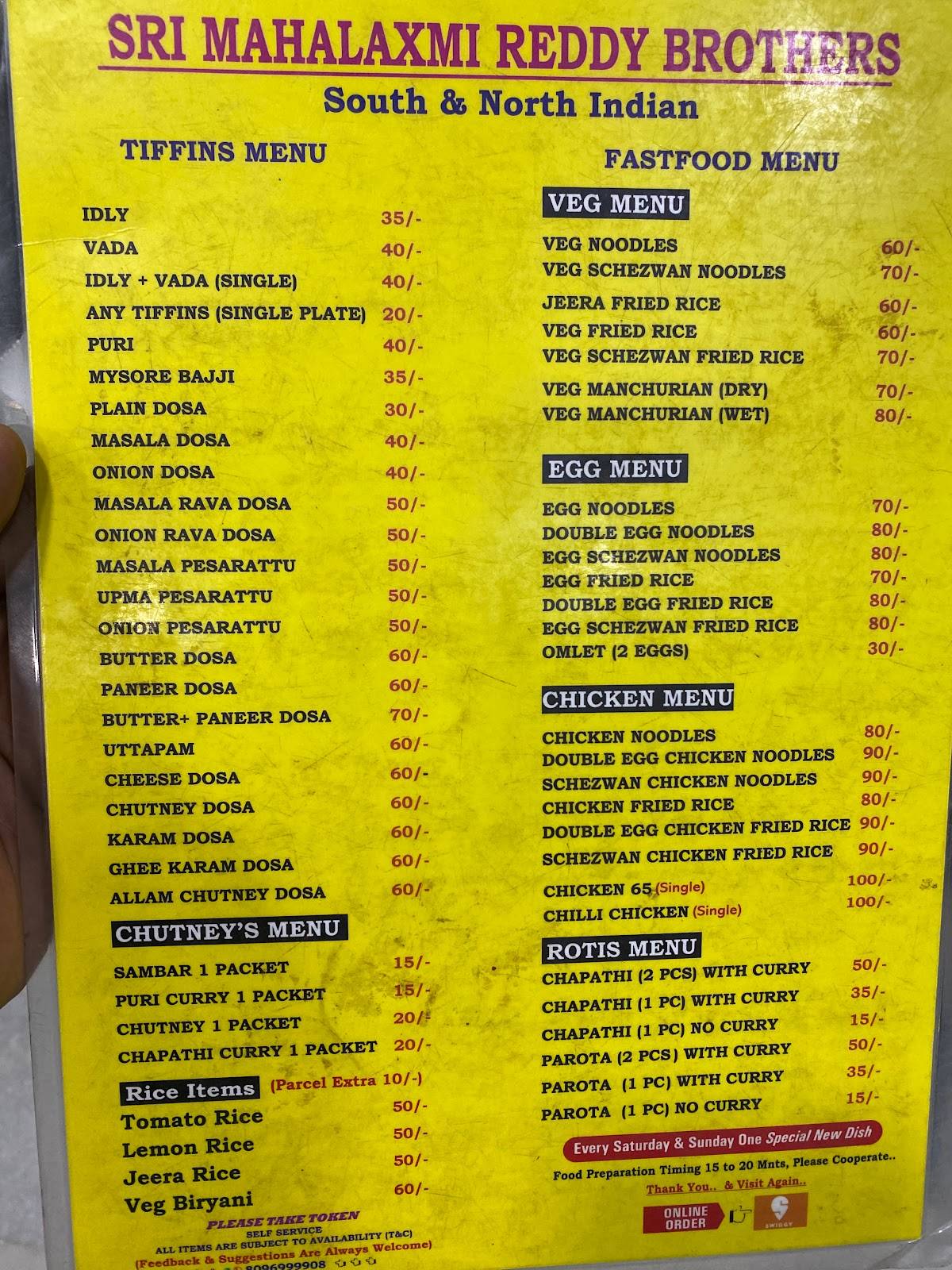 Menu at Sri Mahalaxmi Reddy Brothers Tiffins& Fastfood, Hyderabad