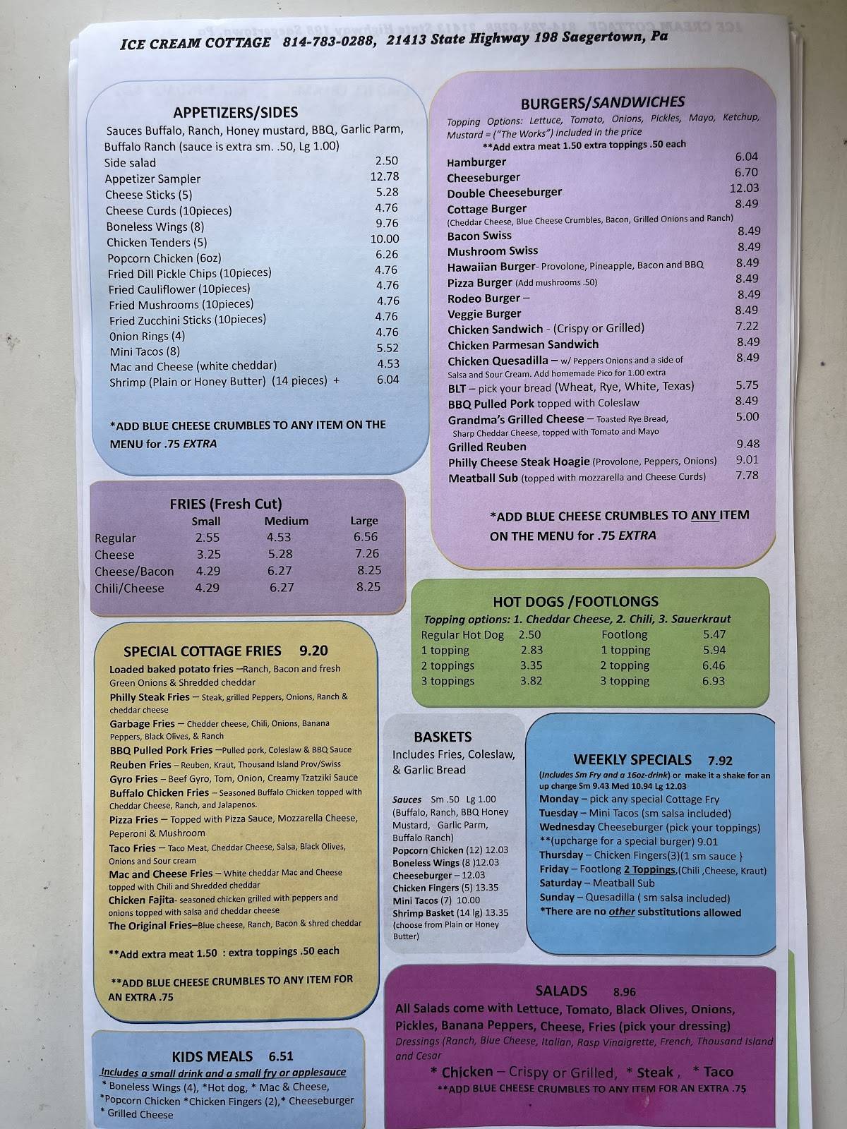 Menu at Ice Cream Cottage restaurant, Saegertown, PA-198