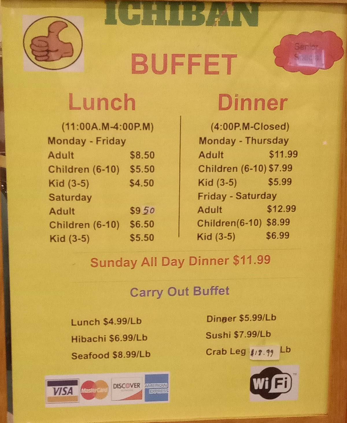 Menu at Ichiban Buffet restaurant, Winder