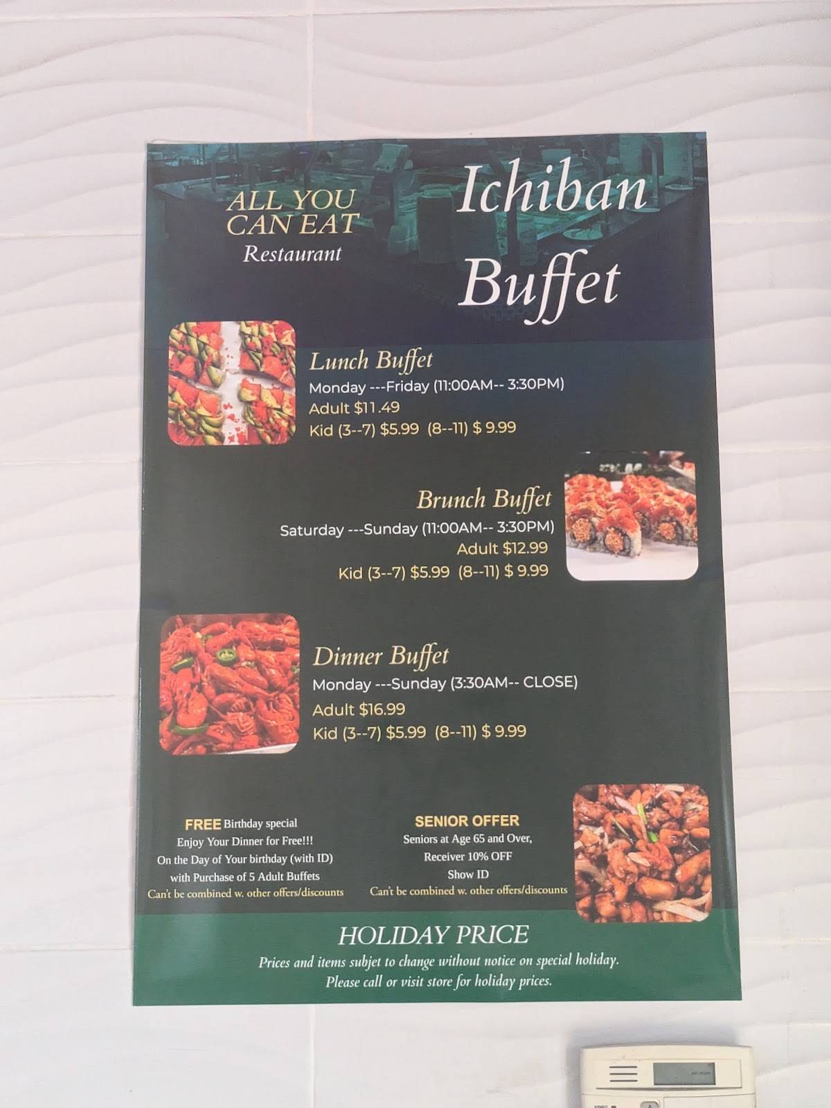 Menu at Ichiban Buffet restaurant, Kissimmee, W Irlo Bronson Memorial Hwy