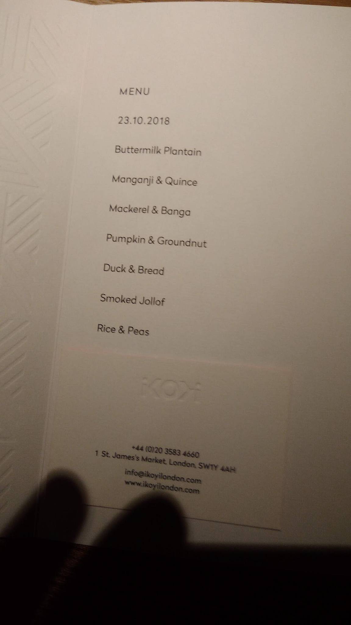 Menu at Ikoyi pub & bar, London, 180 Strand