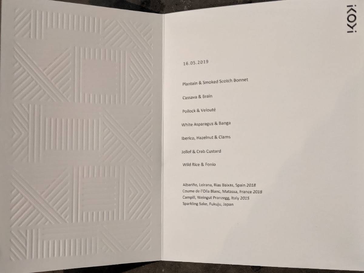 Menu at Ikoyi pub & bar, London, 180 Strand