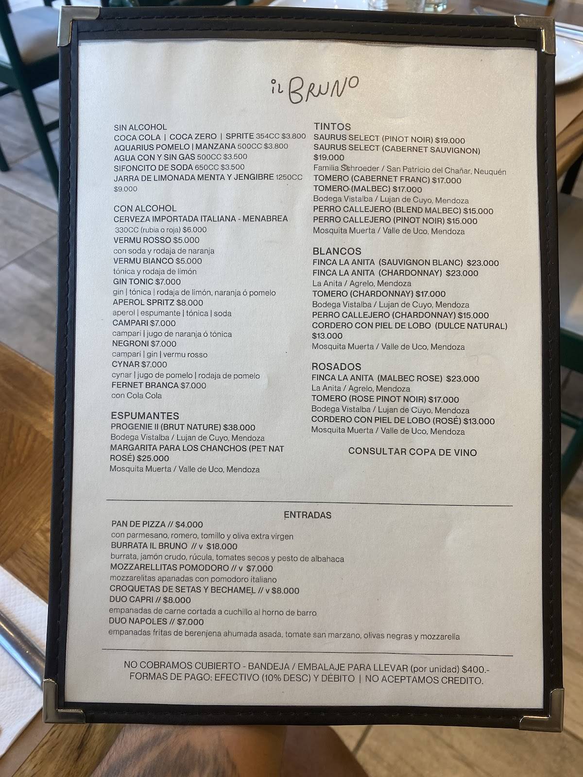 Carta del restaurante Il Bruno, Buenos Aires