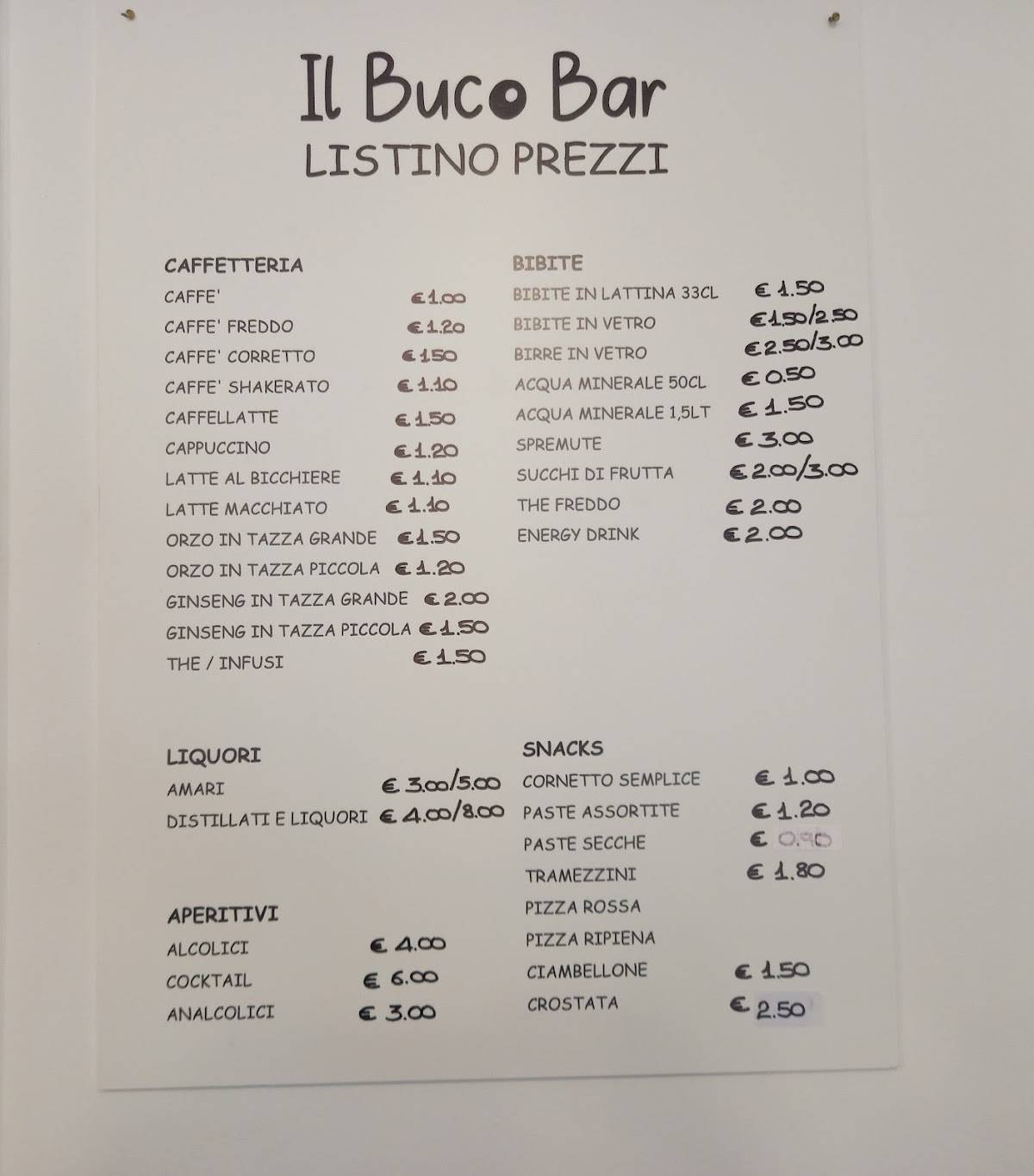Menu da Il Buco Bar, Ladispoli