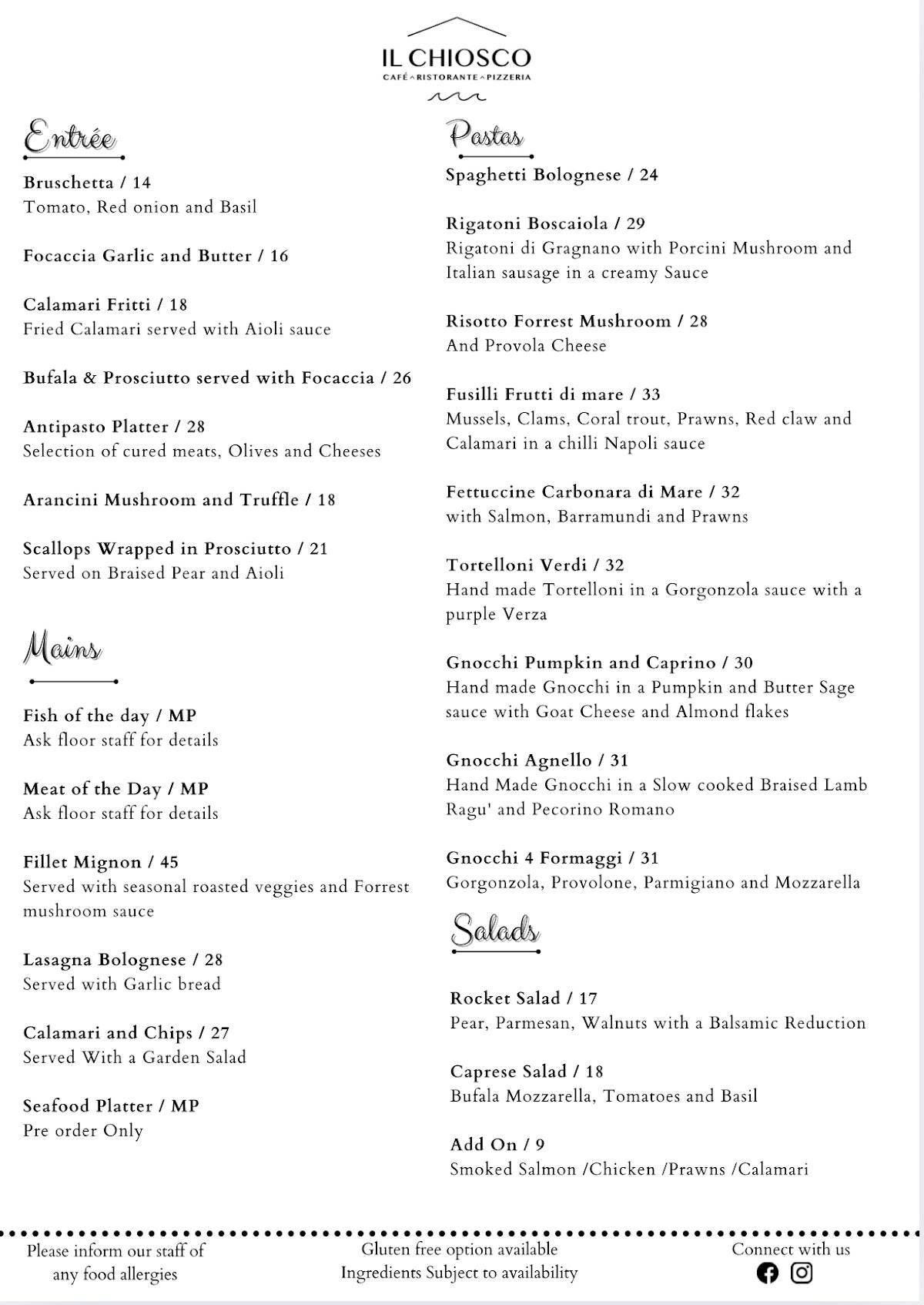 Menu at Il Chiosco restaurant, Trinity Beach