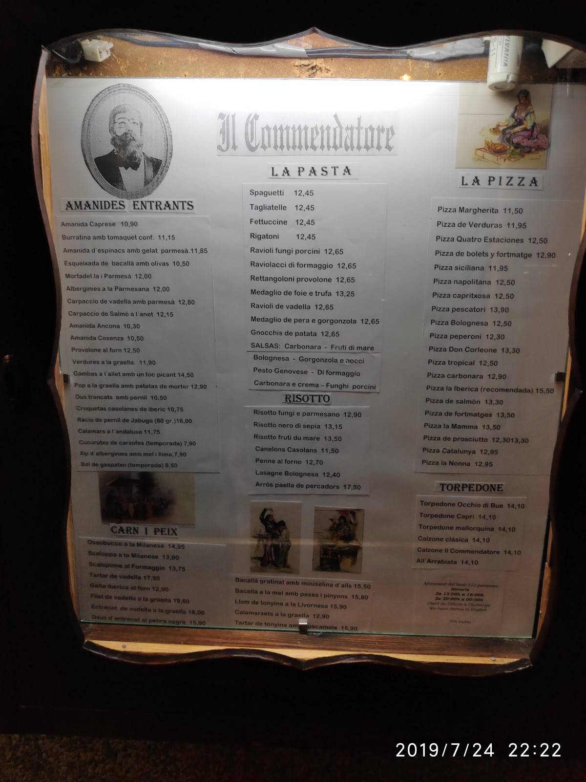 Carta del restaurante Il Commendatore, Barcelona, C/ Comte d’Urgell