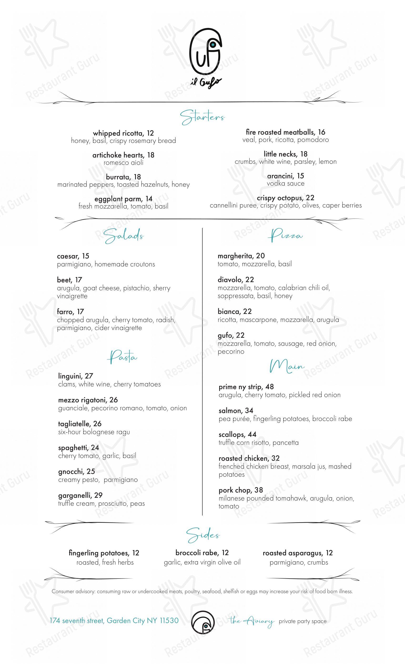 Menu at il Gufo pizzeria, Garden City