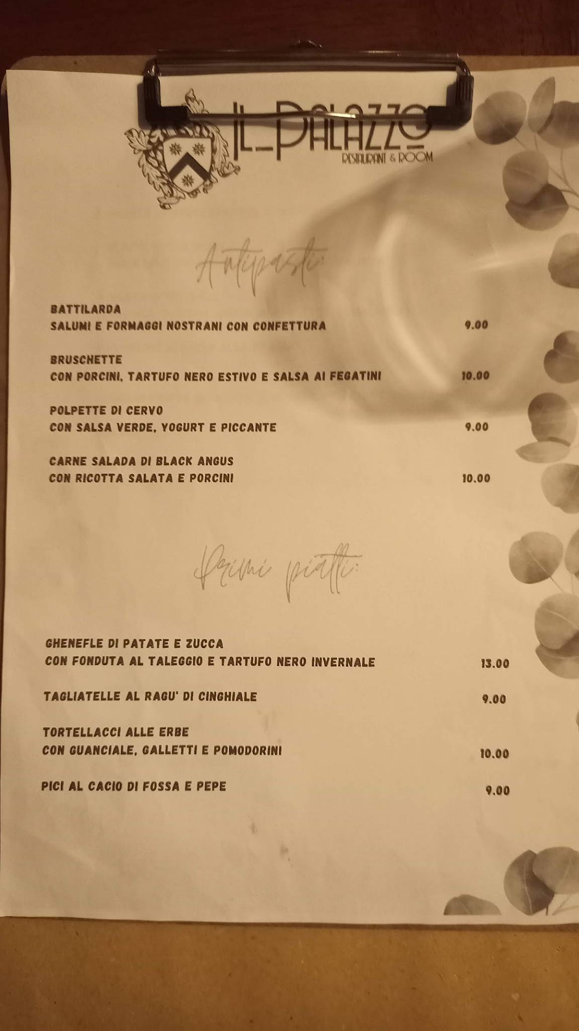 Menu da Il Palazzo di Ridracoli ristorante, Ridracoli