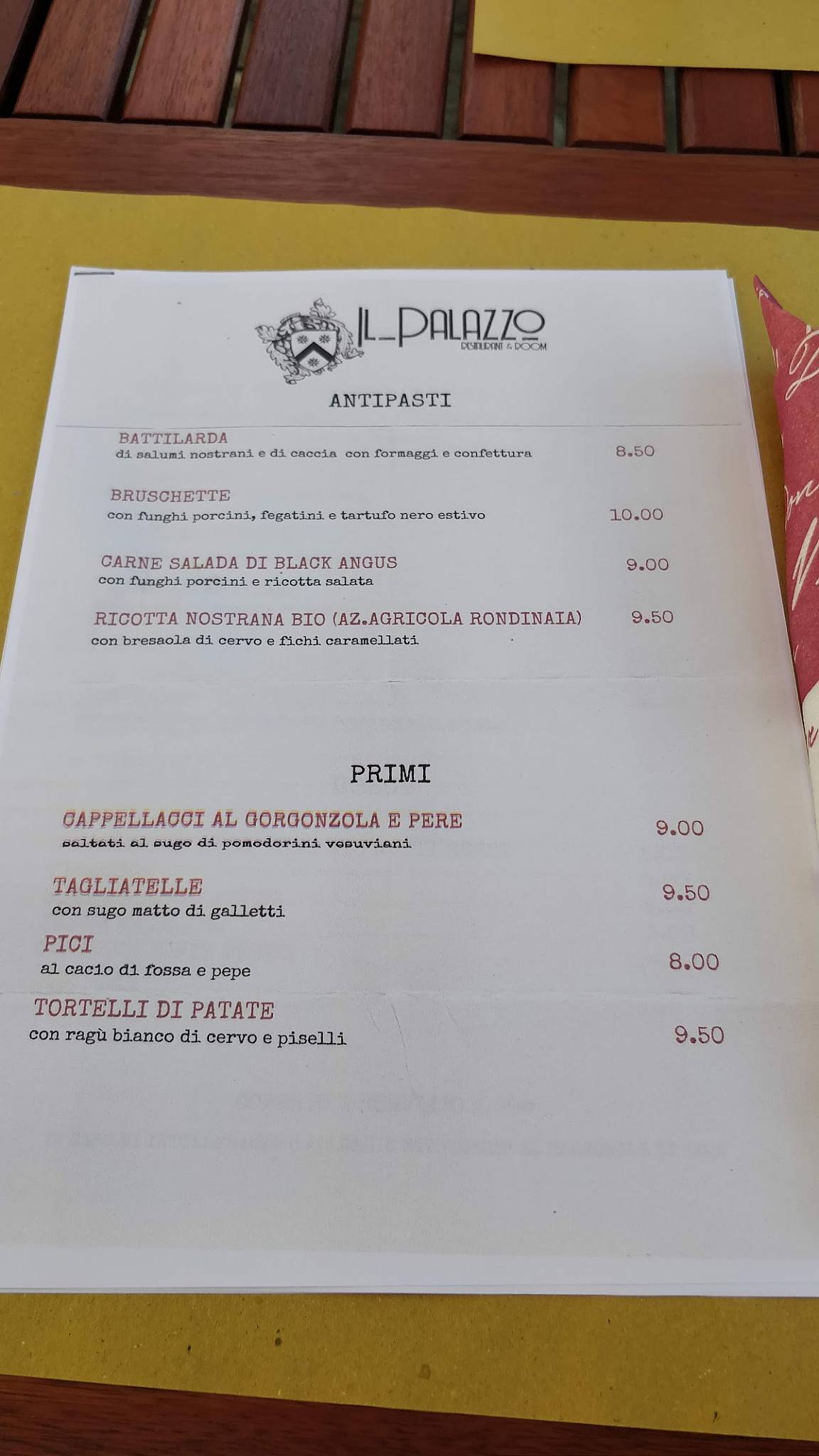 Menu da Il Palazzo di Ridracoli ristorante, Ridracoli