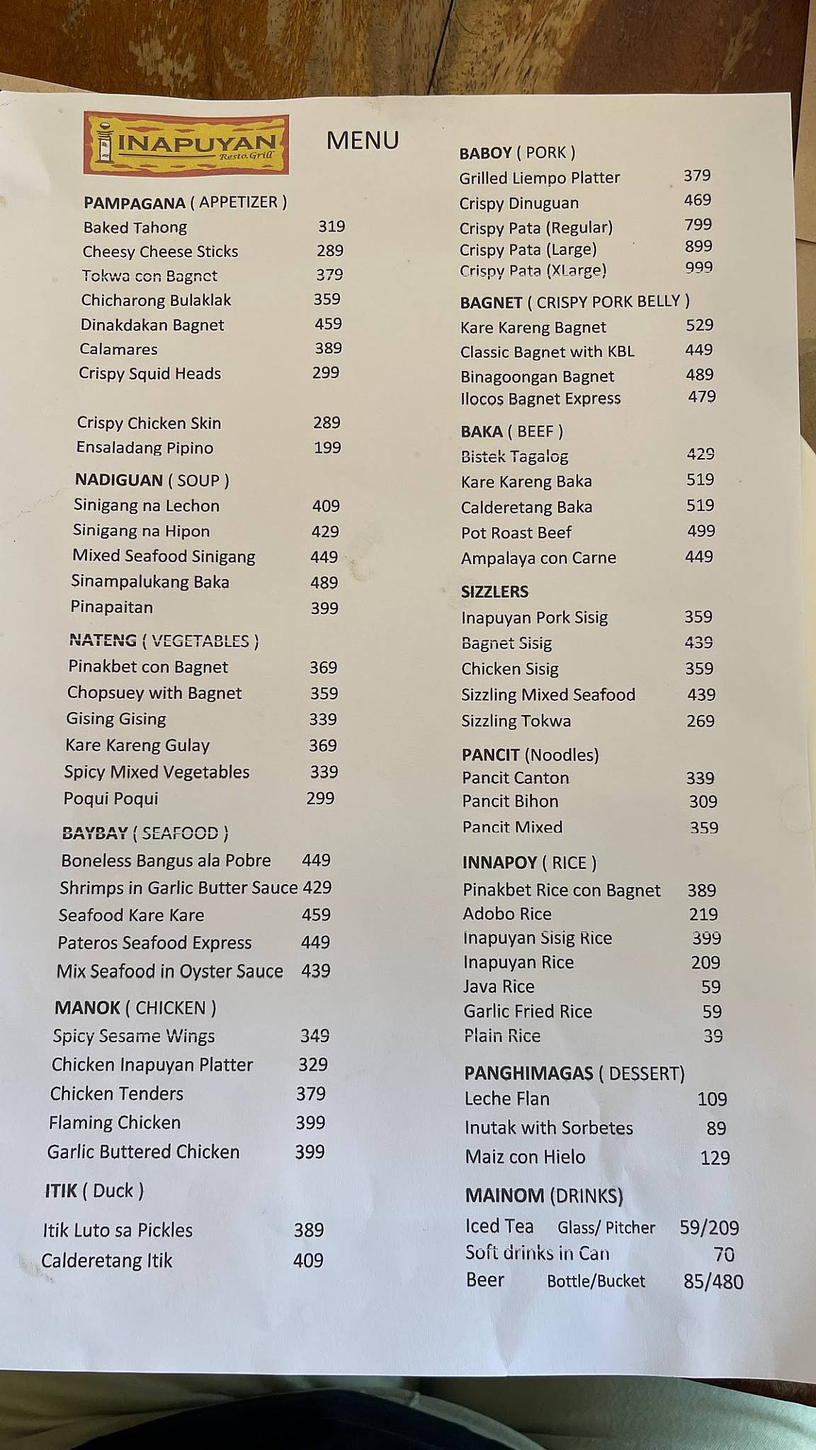 Menu at Inapuyan Resto Grill Pateros restaurant, Pateros