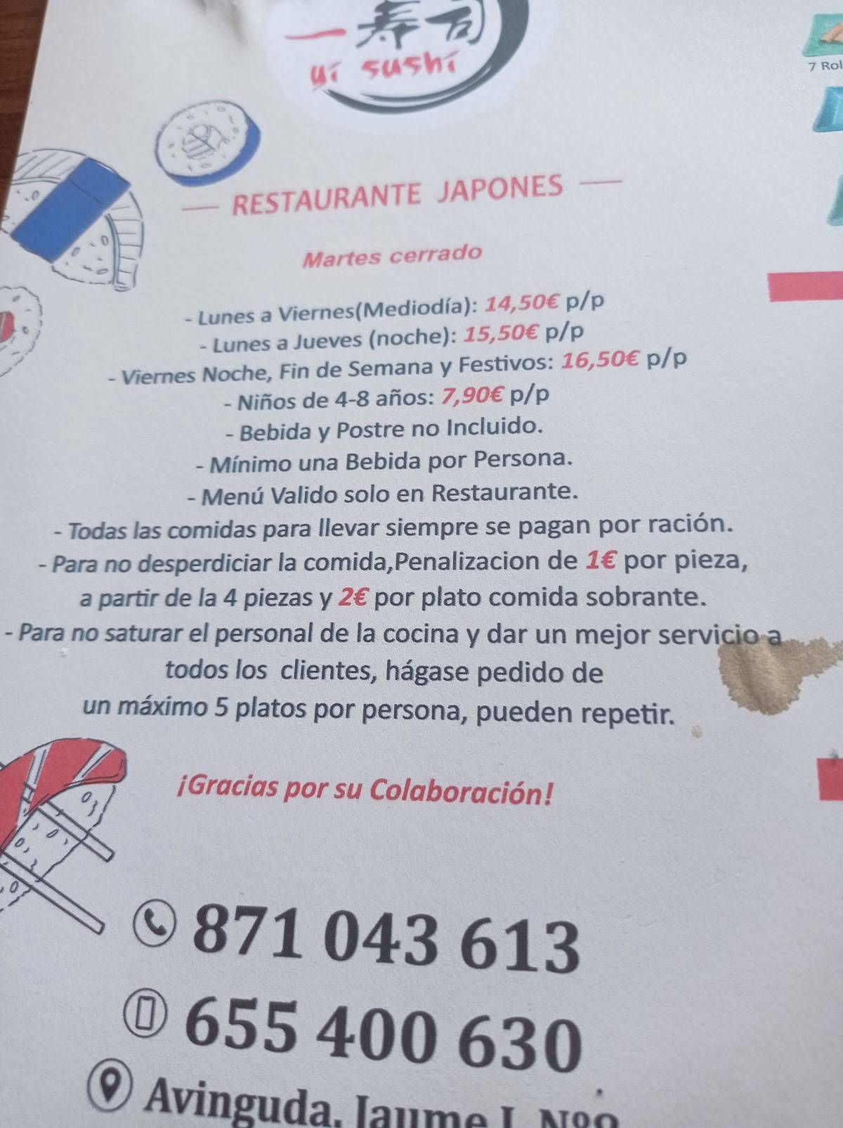 Carta del restaurante Yi Sushi, Inca