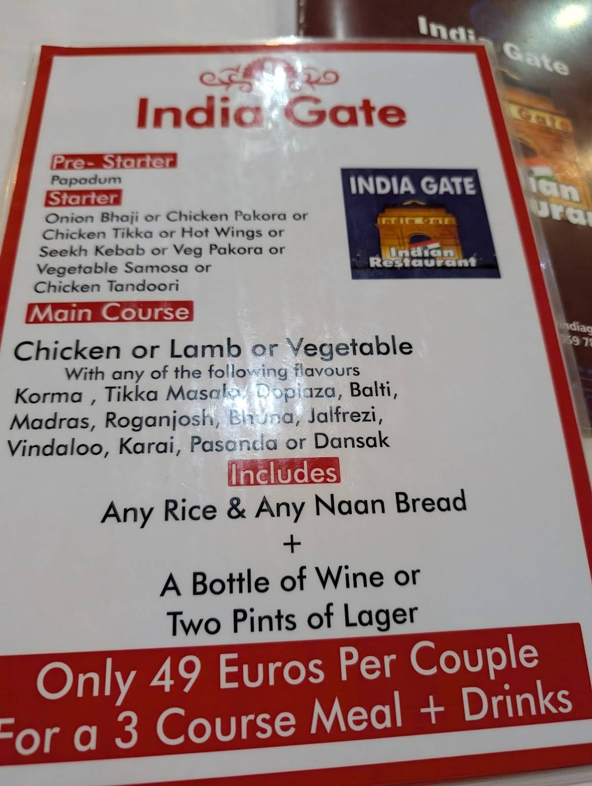 Menu at India Gate restaurant, Benidorm