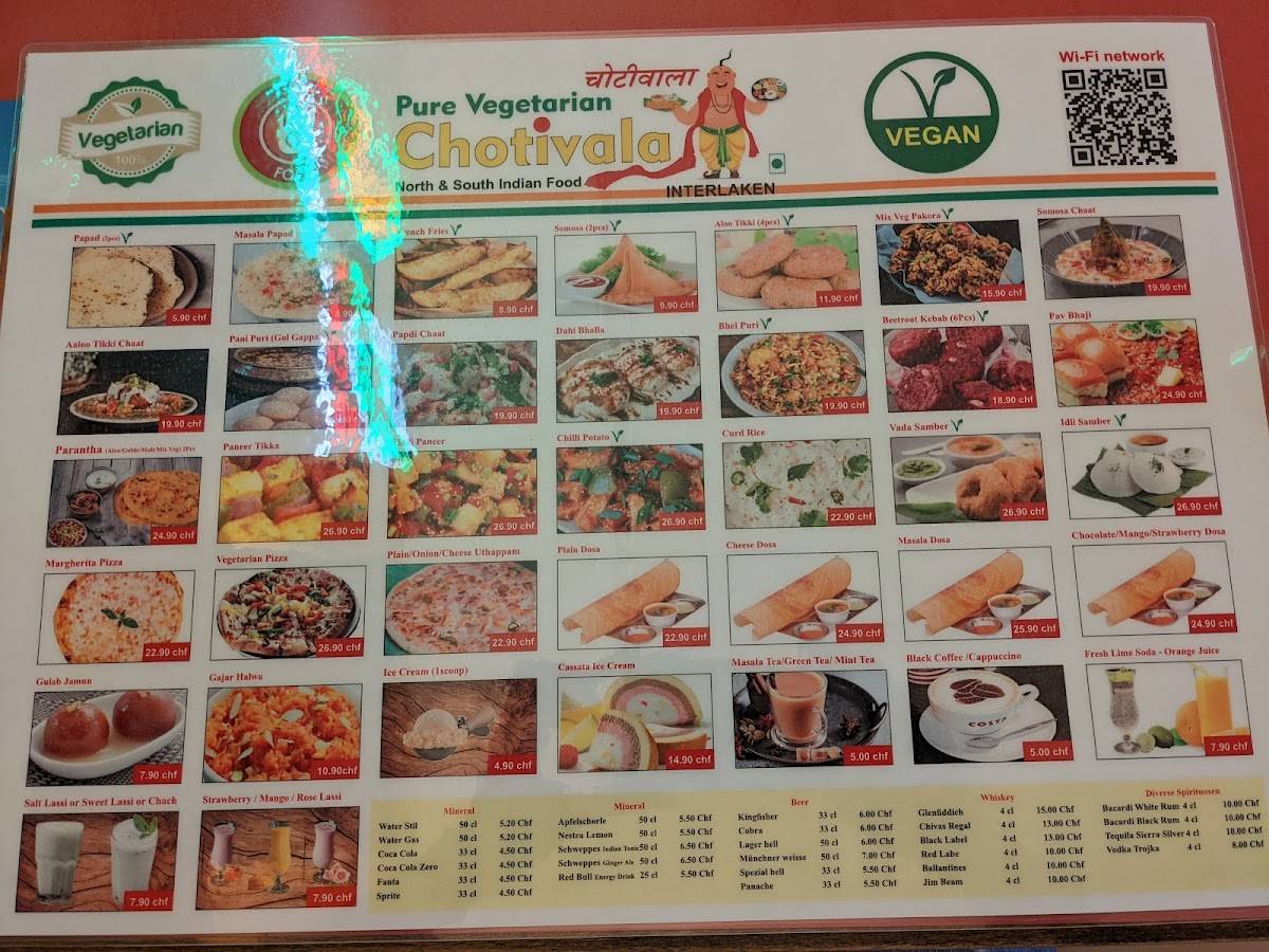 Menu at Indian Pure Vegetarian Chotivala, Interlaken