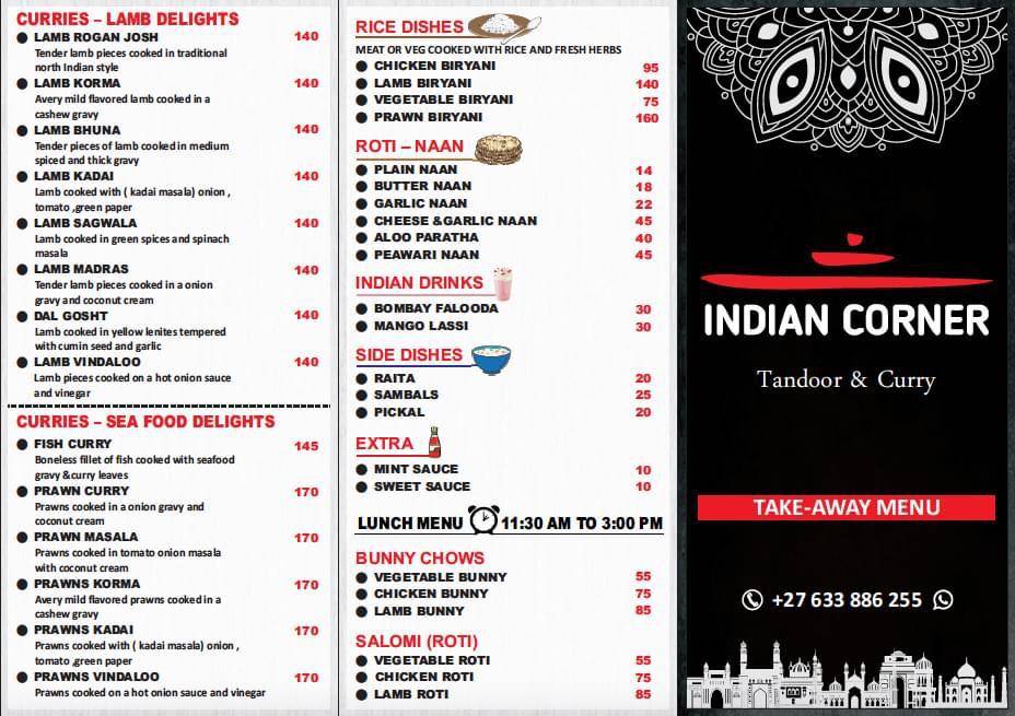 Speisekarte von Indian corner restaurant, Kapstadt