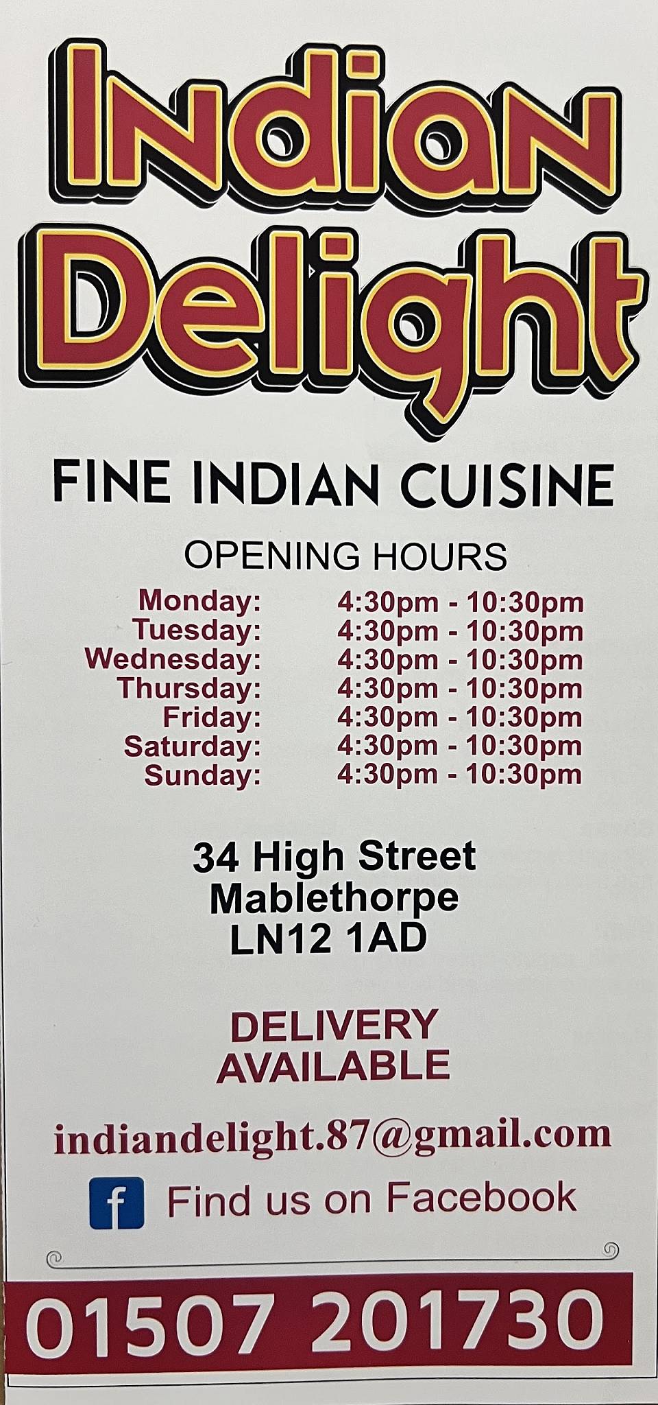 Menu at Indian delight Mablethorpe restaurant, Mablethorpe
