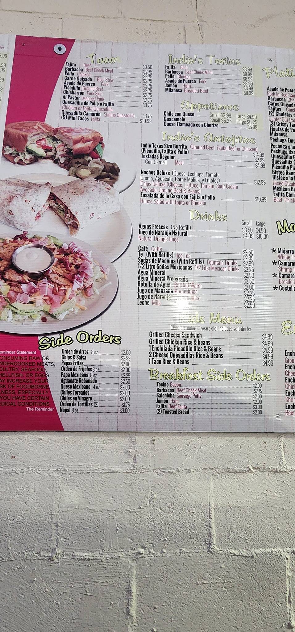 Menu at Indios Taco House restaurant, Houston