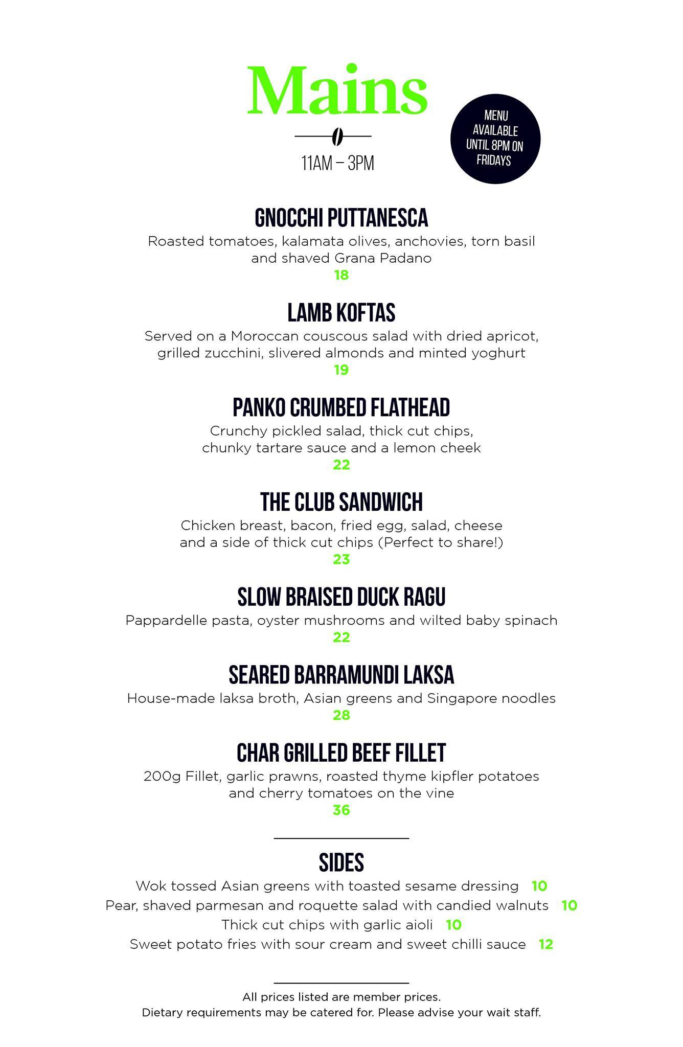 Menu at Indooroopilly Golf Club, South Brisbane