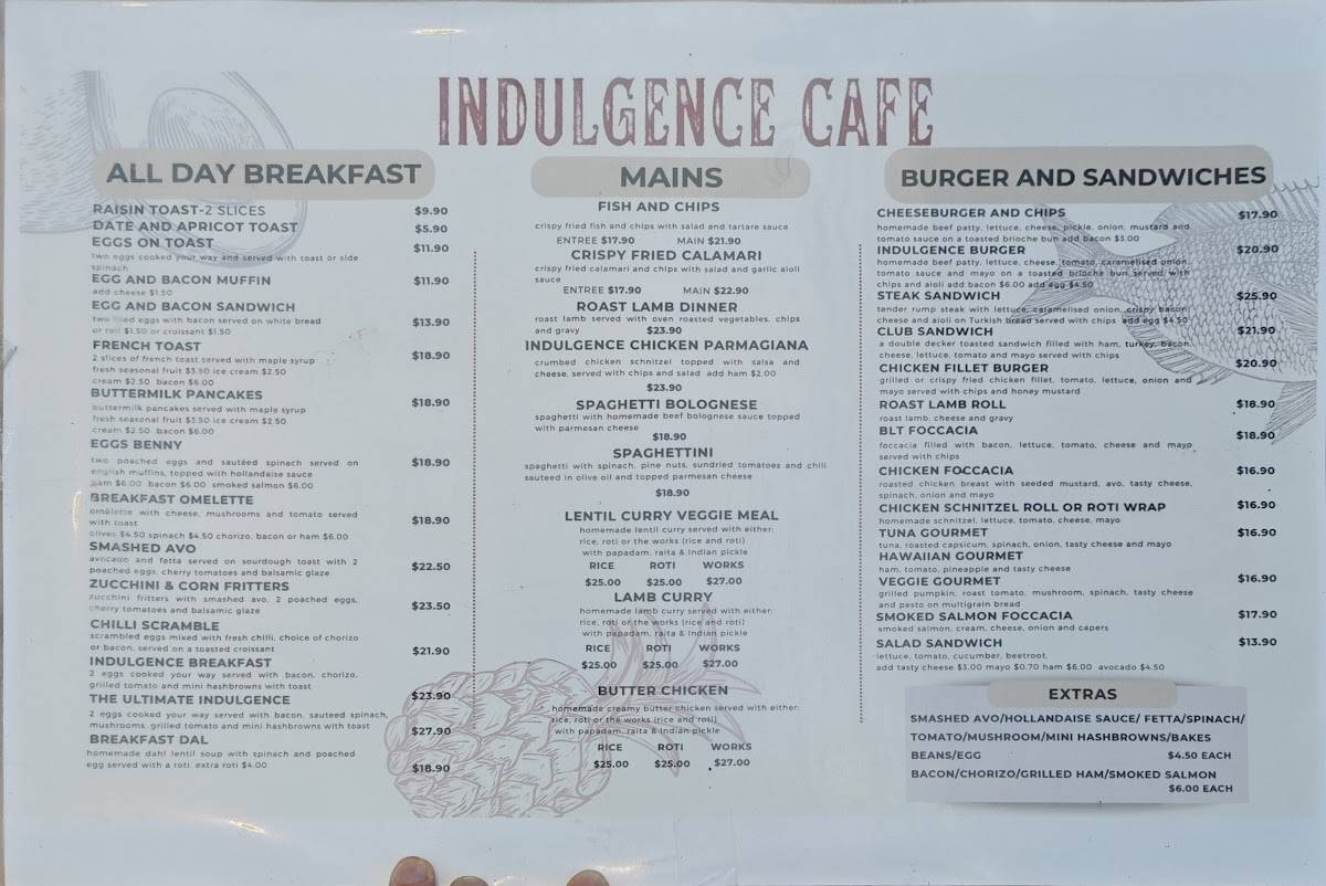 Menu at Indulgence Cafe, Doncaster East