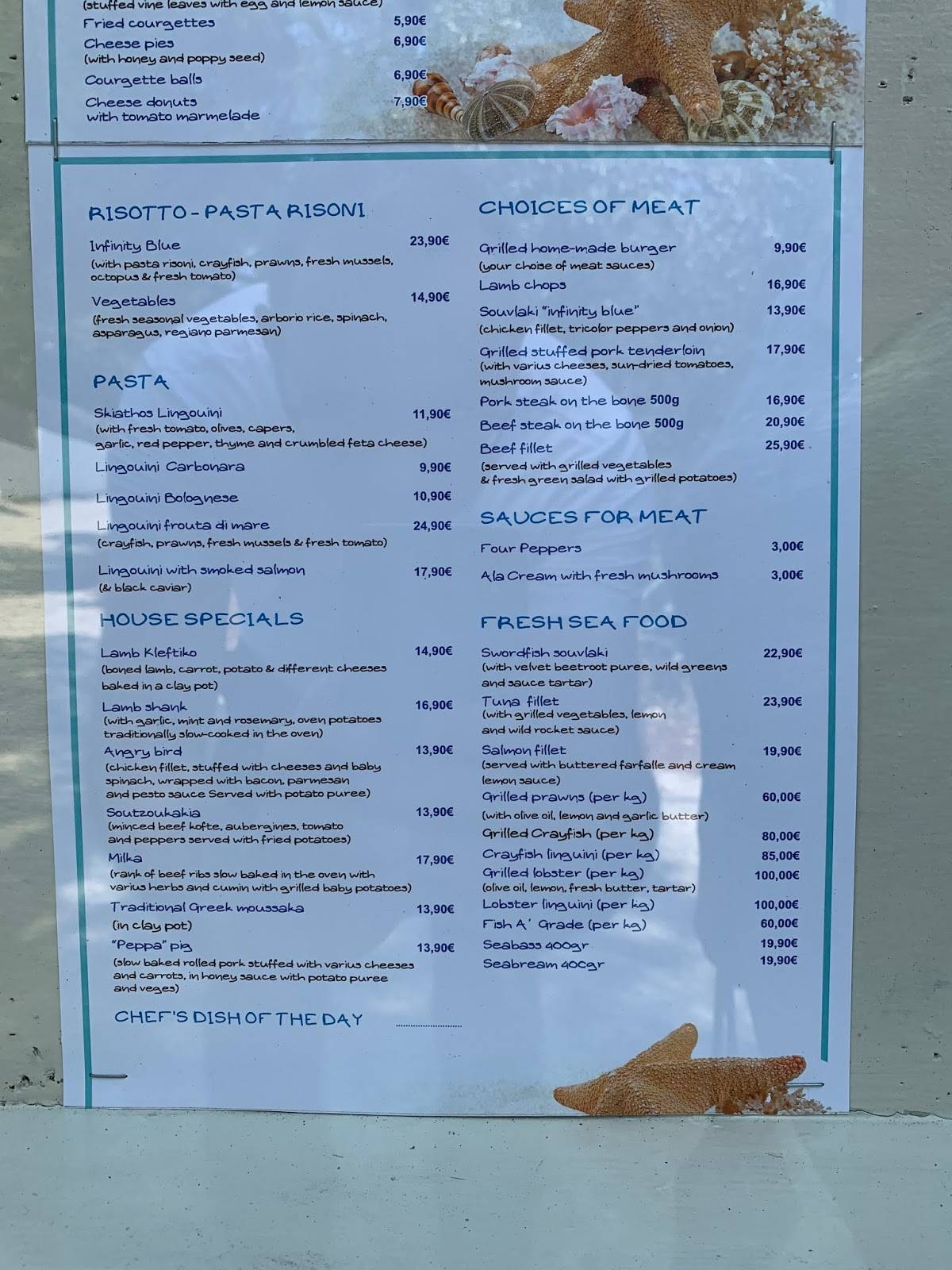 Menu at Infinity Blue Restaurant, Kolios