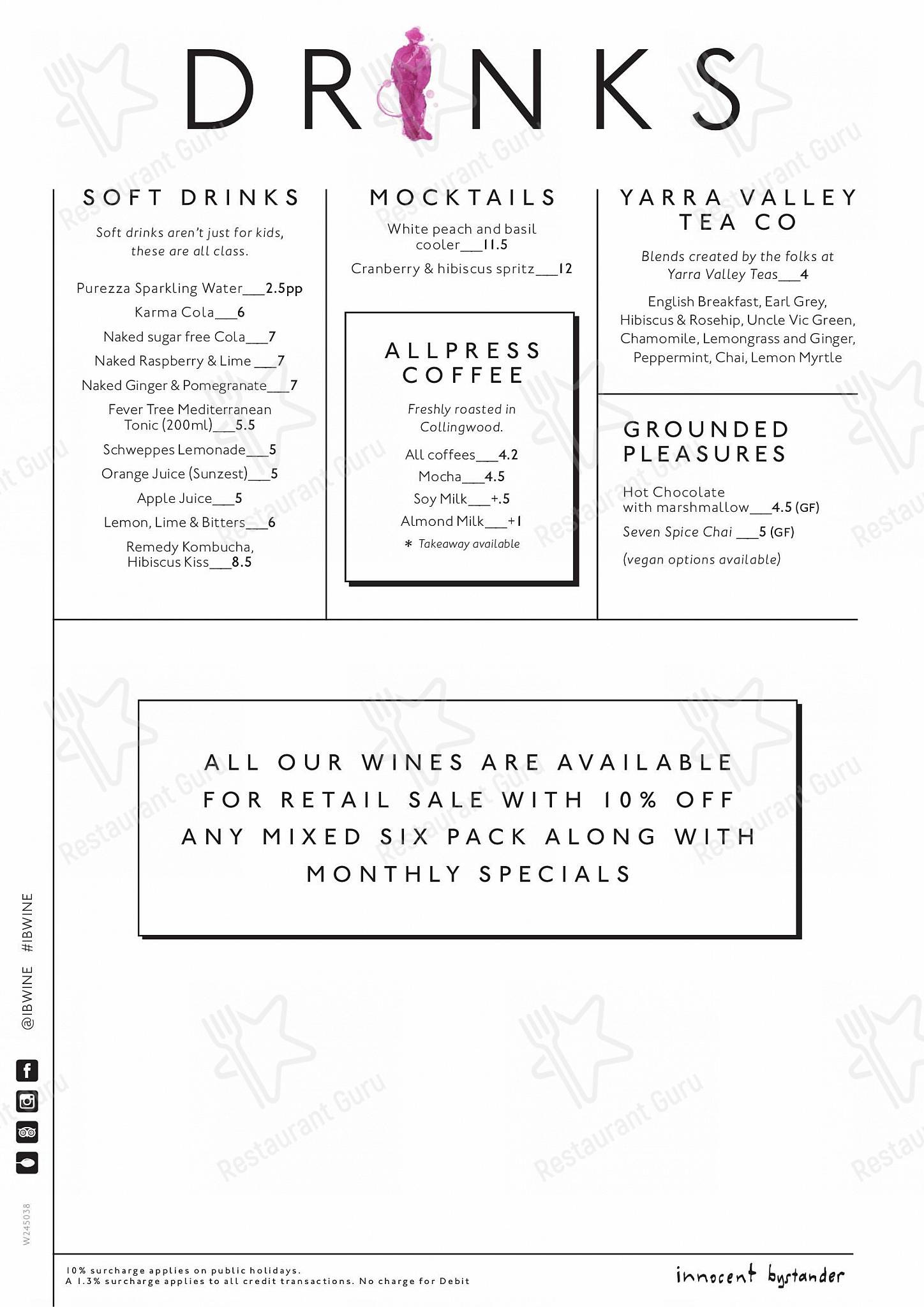 Menu at Innocent Bystander pub & bar, Healesville, 316-334 Maroondah Hwy