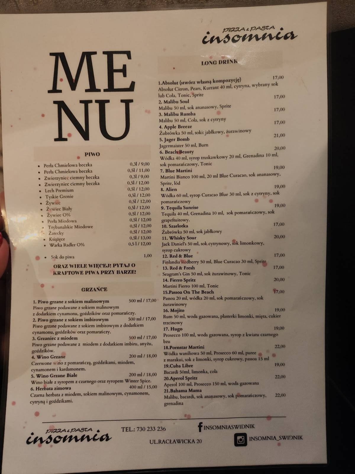 Menu at Insomnia Pizza&Pasta restaurant, Świdnik