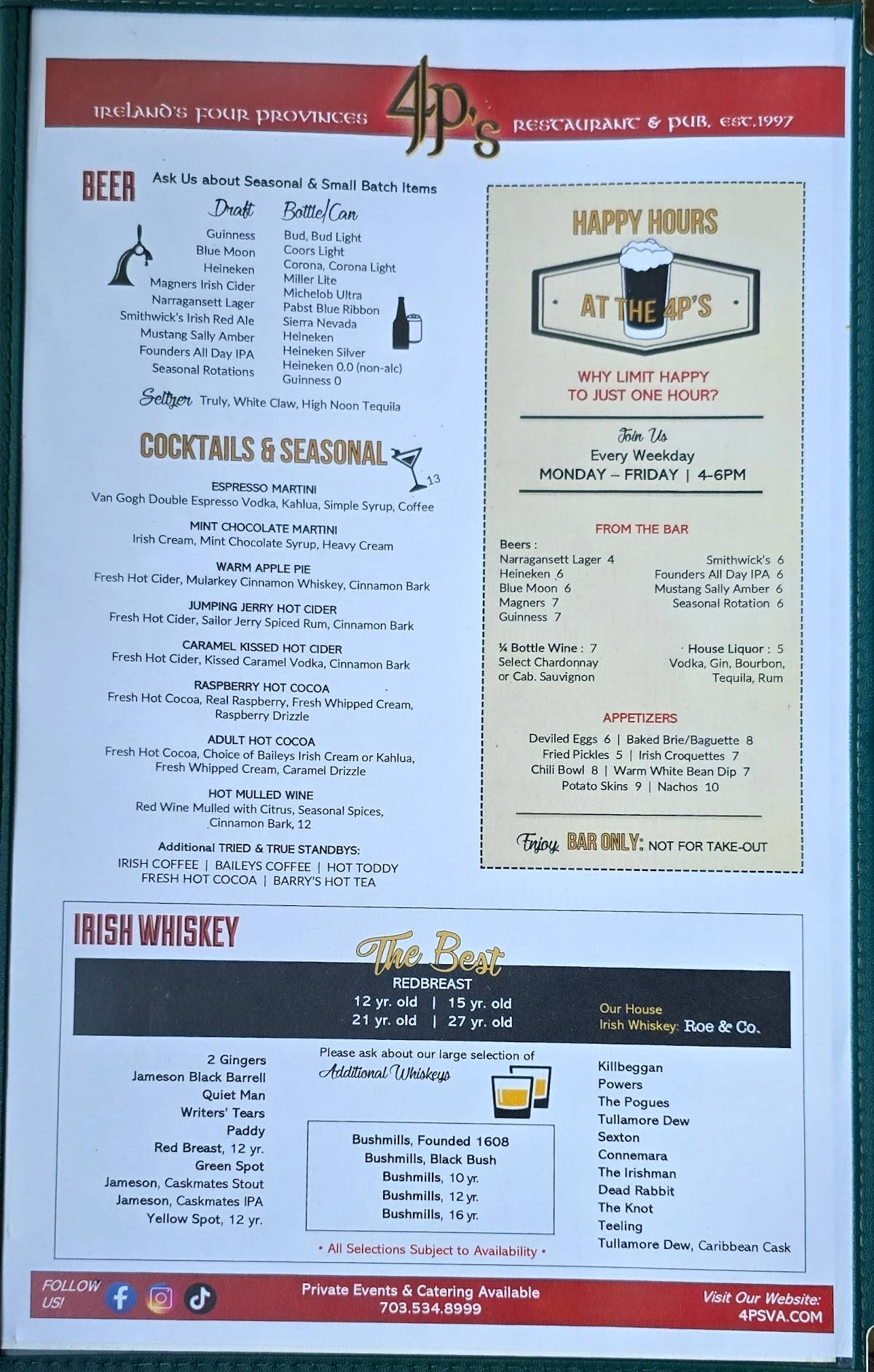 Menu at Ireland's Four Provinces pub & bar, Falls Church