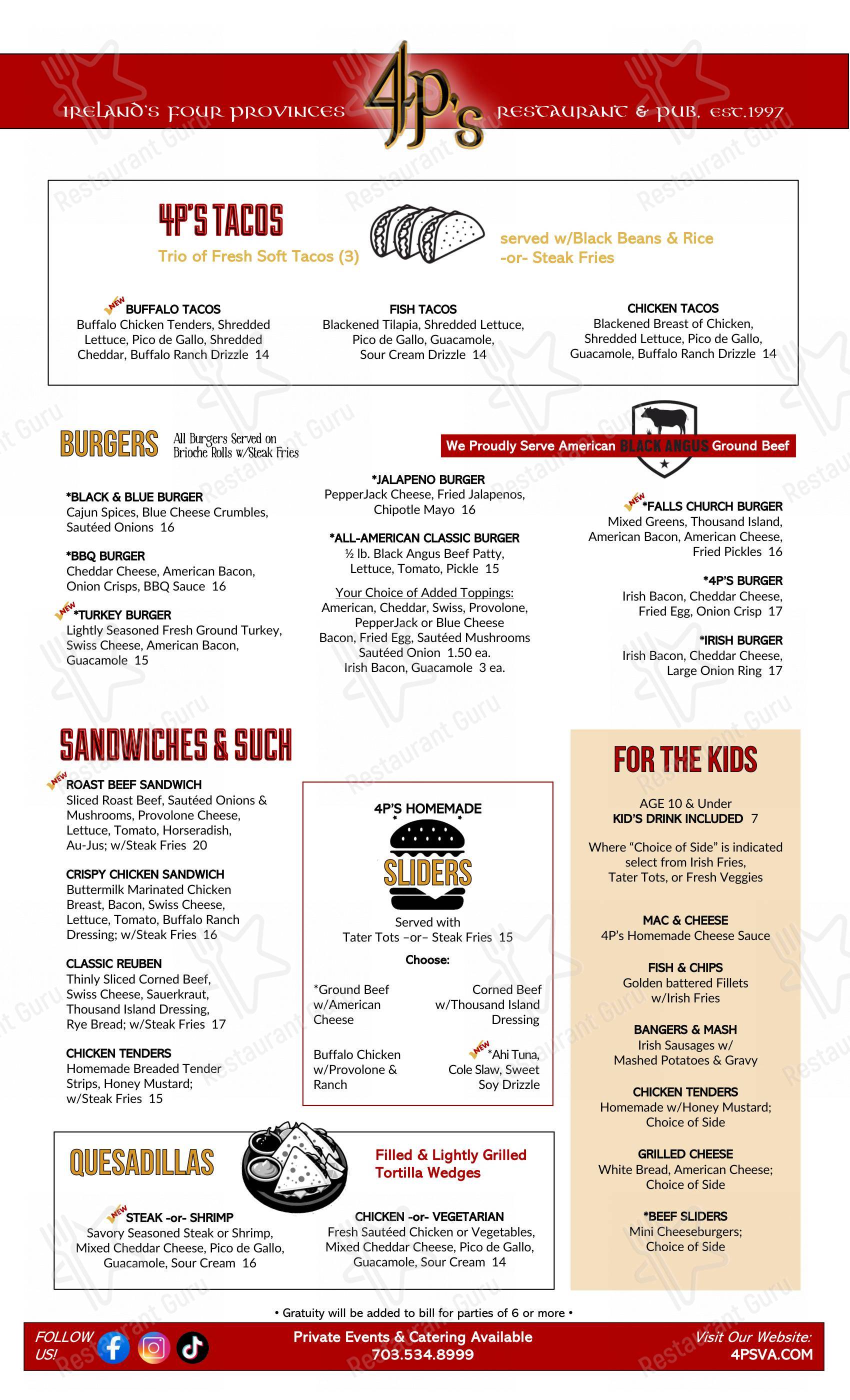 Menu at Ireland's Four Provinces pub & bar, Falls Church