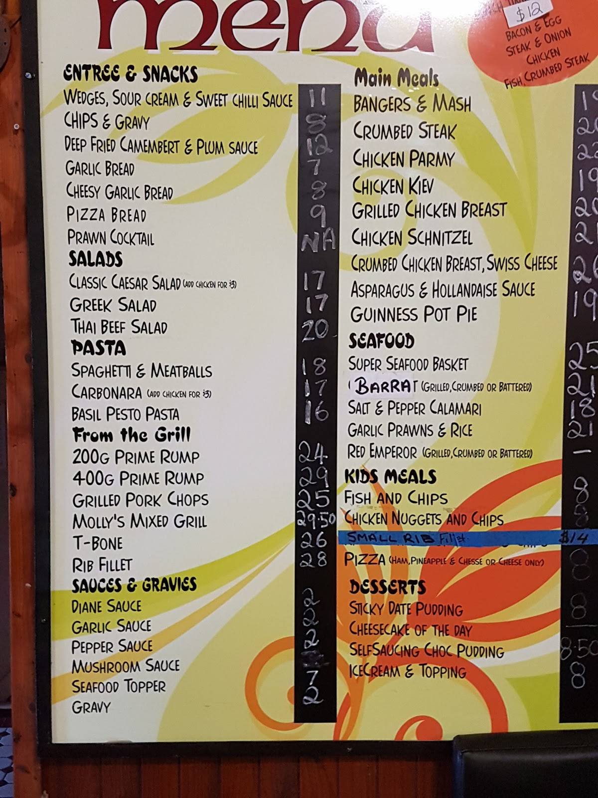 Menu at Irish Molly's pub & bar, Charters Towers City