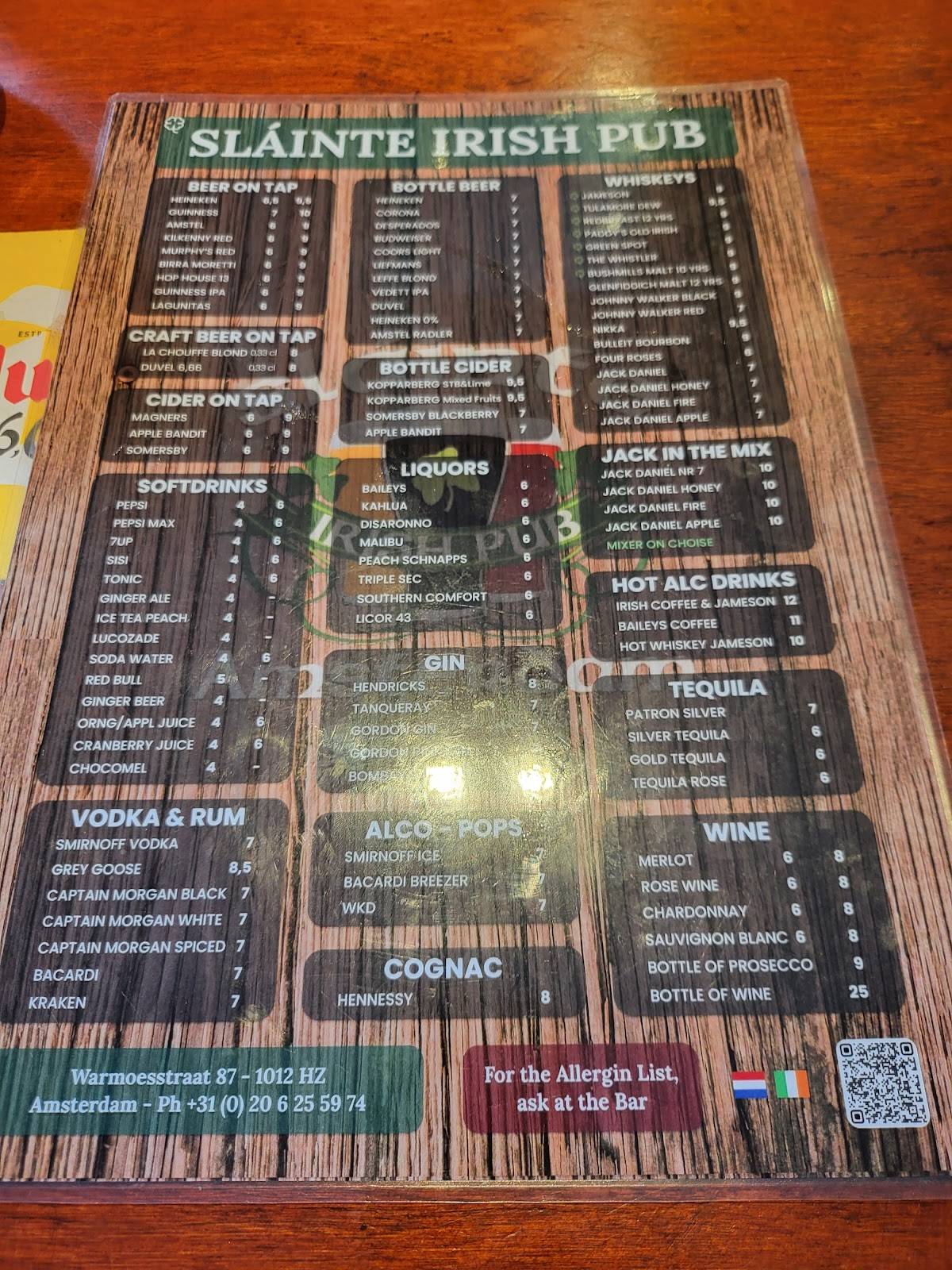Menu at Irish Pub Slainte, Amsterdam, Warmoesstraat 87