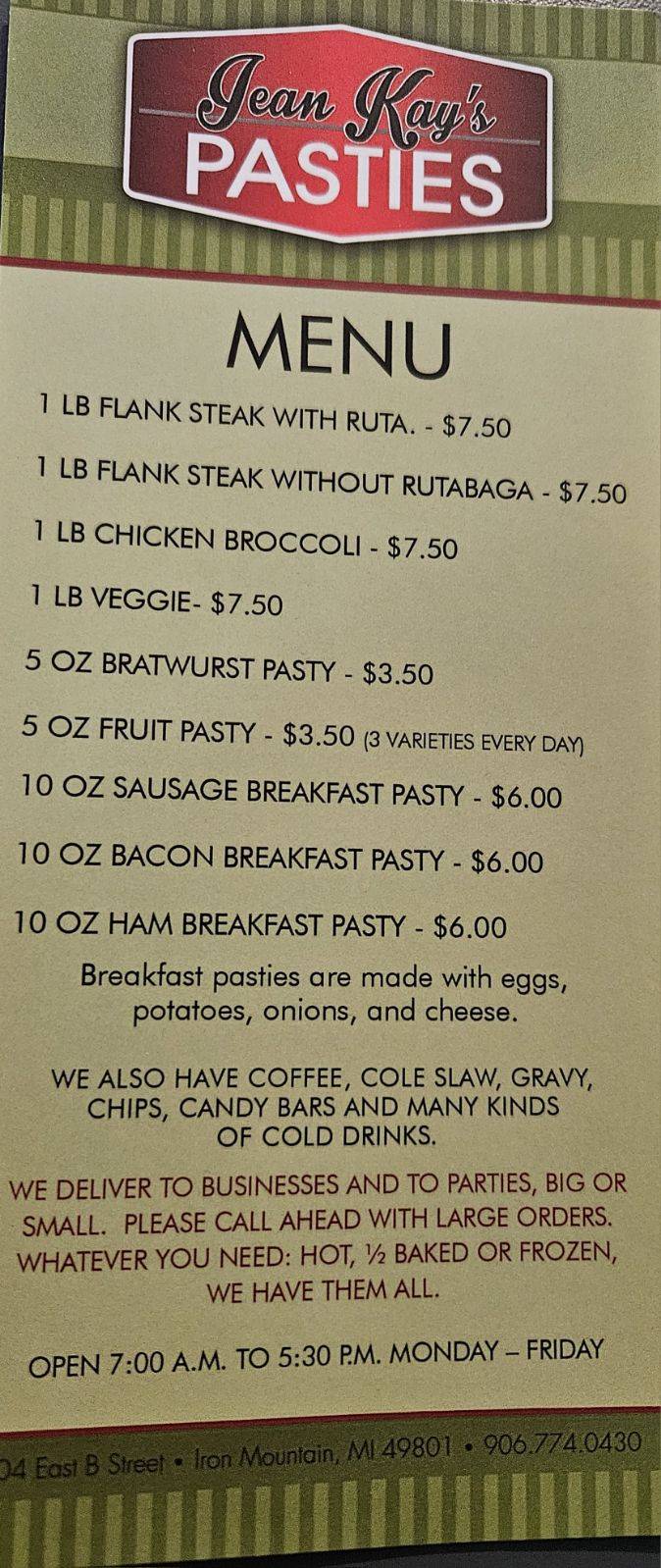 Menu at Jean Kay's Pasties restaurant, Iron Mountain