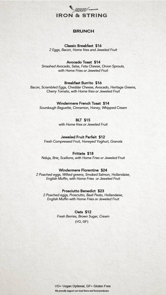 Menu at Iron and String Restaurant, Canada