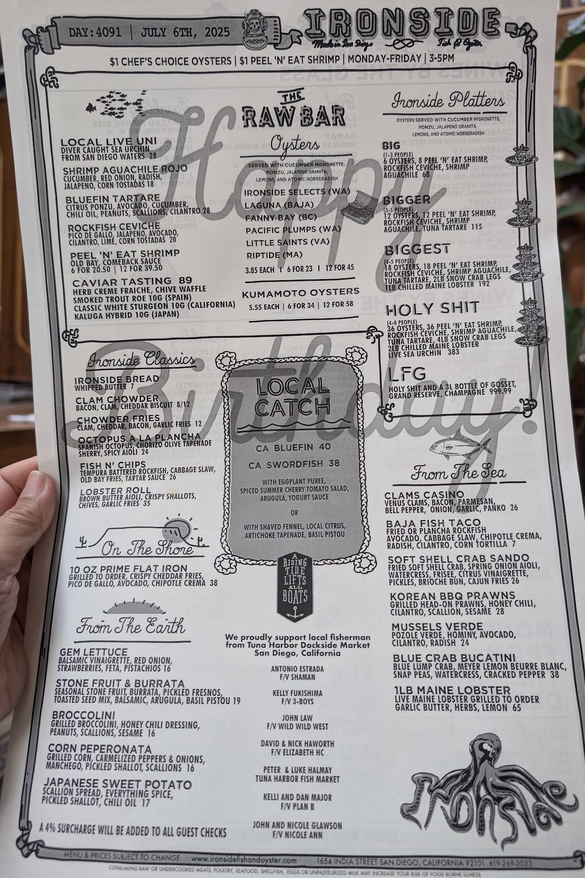 Menu at Ironside Fish & Oyster Bar, San Diego, India St