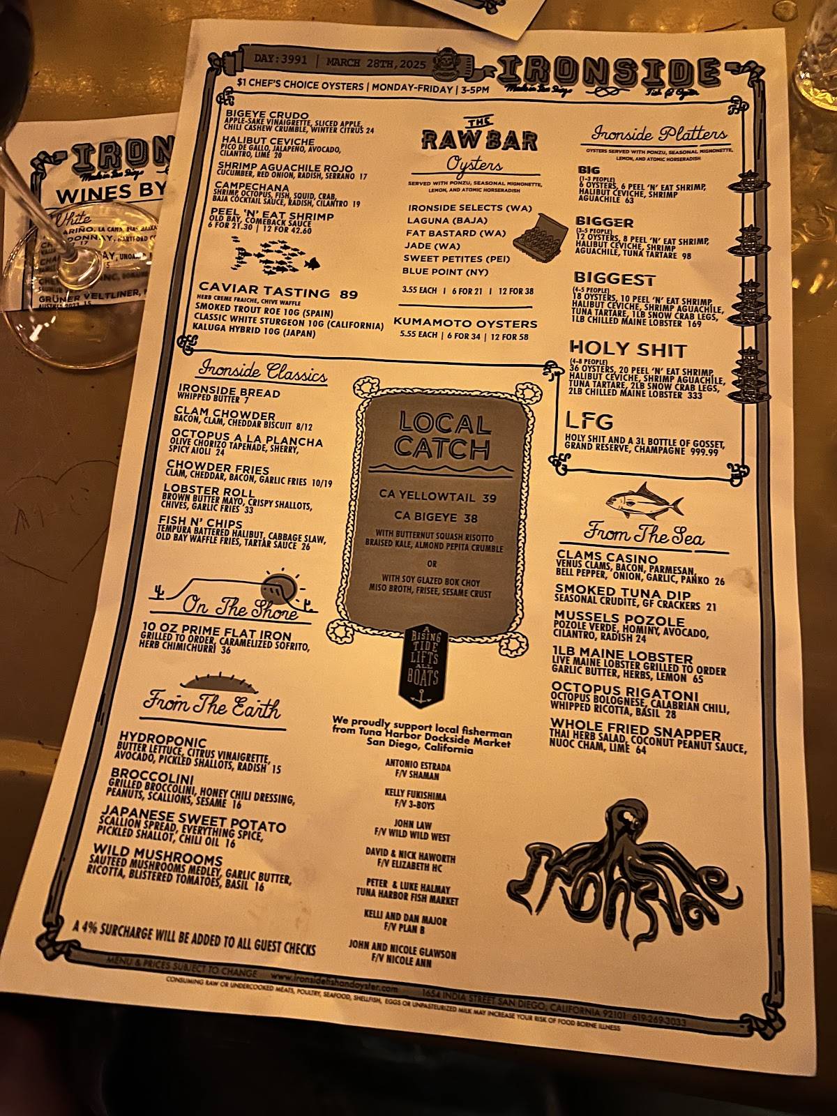 Menu at Ironside Fish & Oyster Bar, San Diego, India St