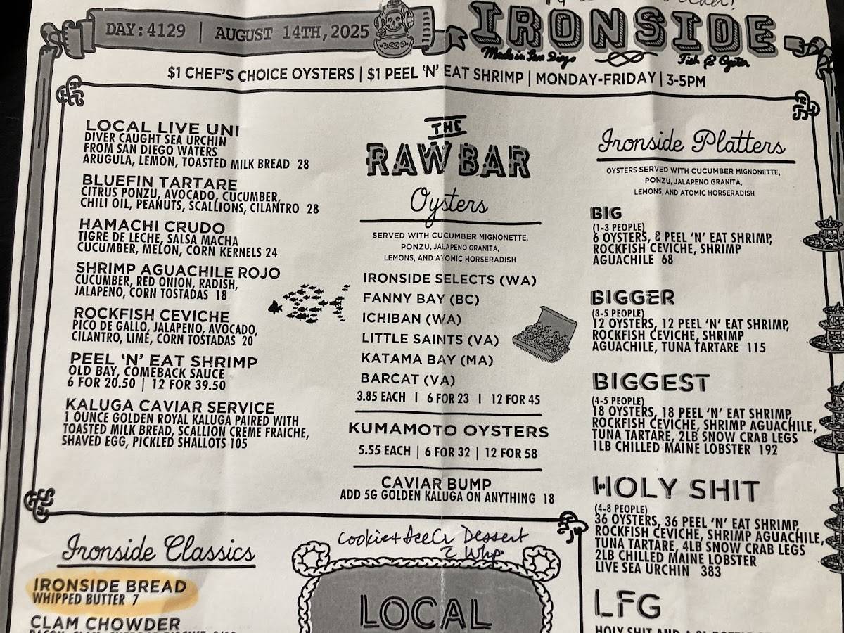 Menu at Ironside Fish & Oyster Bar, San Diego, India St