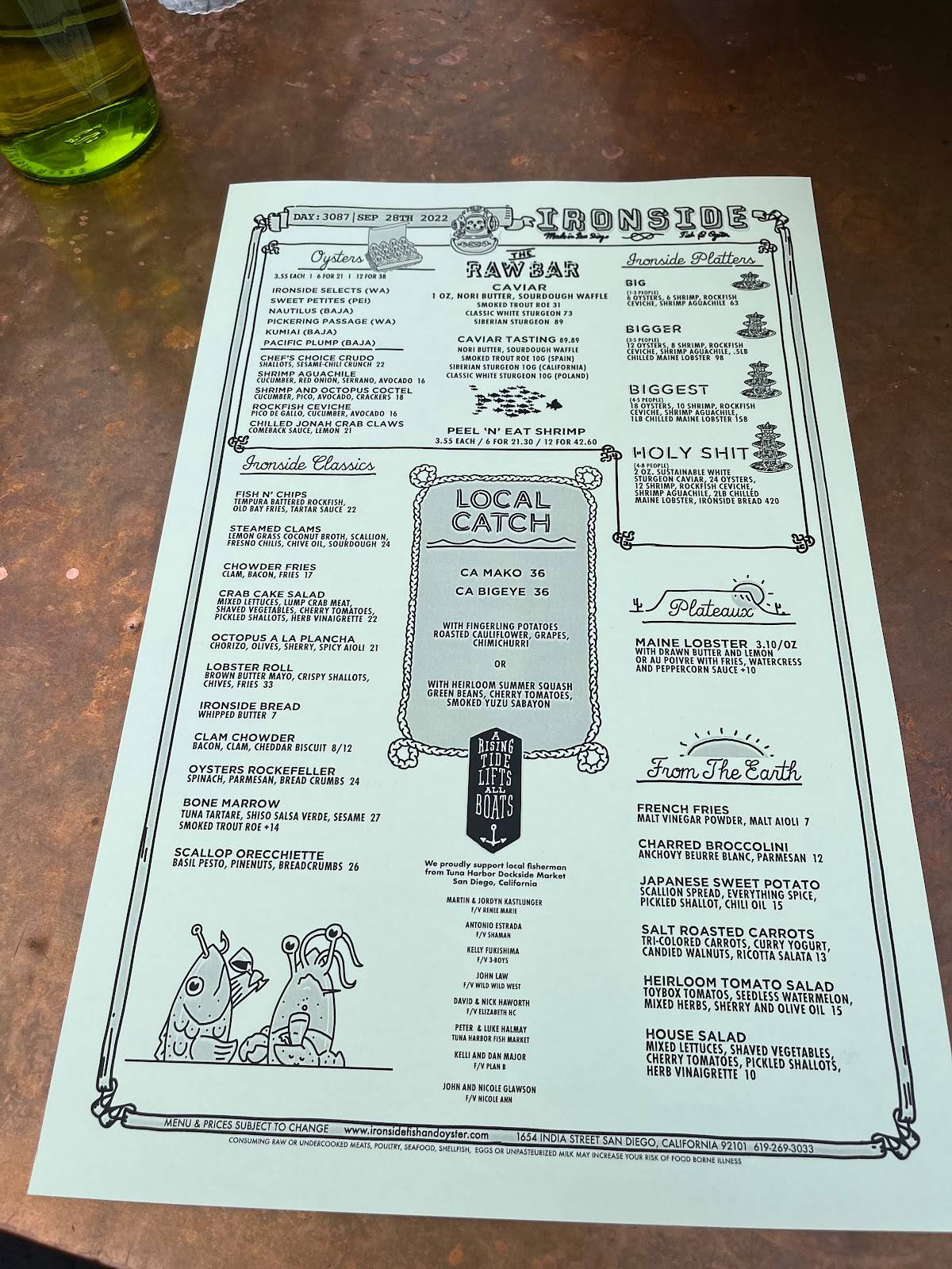 Menu at Ironside Fish & Oyster Bar, San Diego, India St