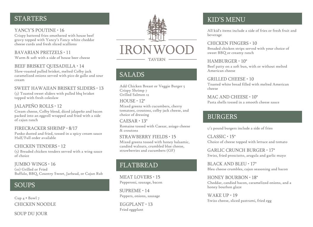 Menu at Ironwood Tavern ROC restaurant, Clarkson