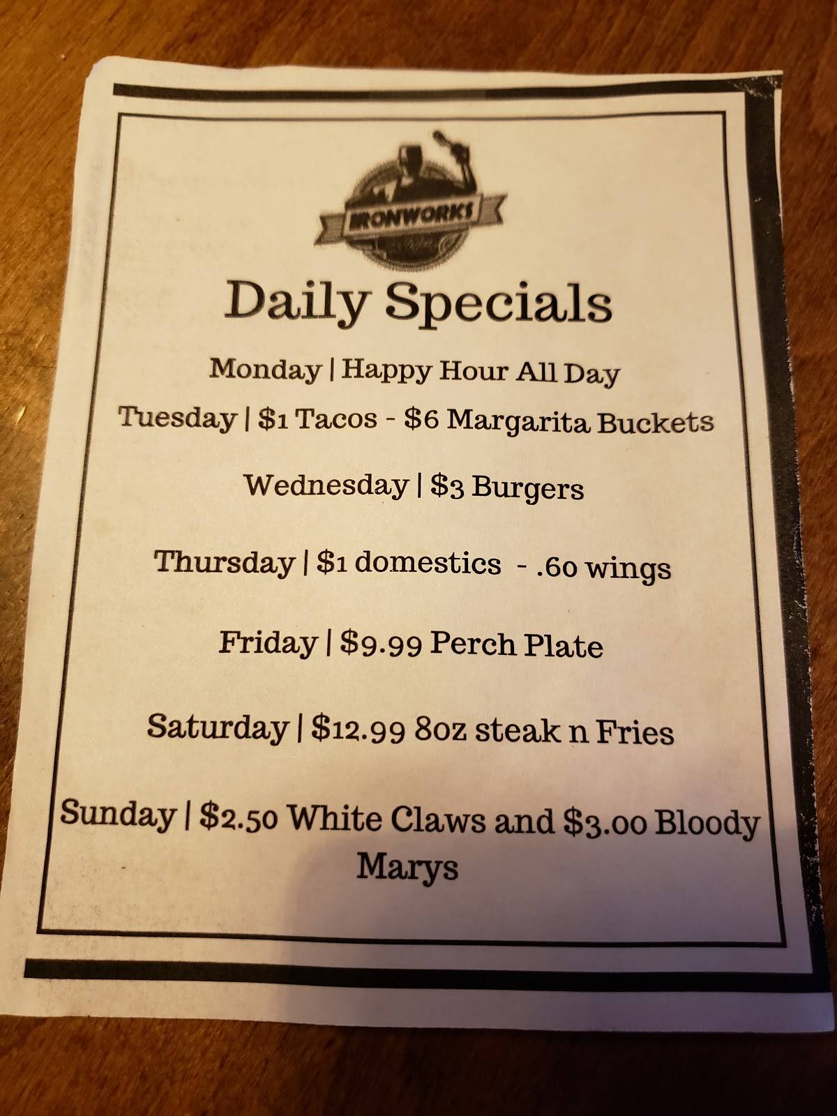 Menu at Ironworks on Main pub & bar, Marinette