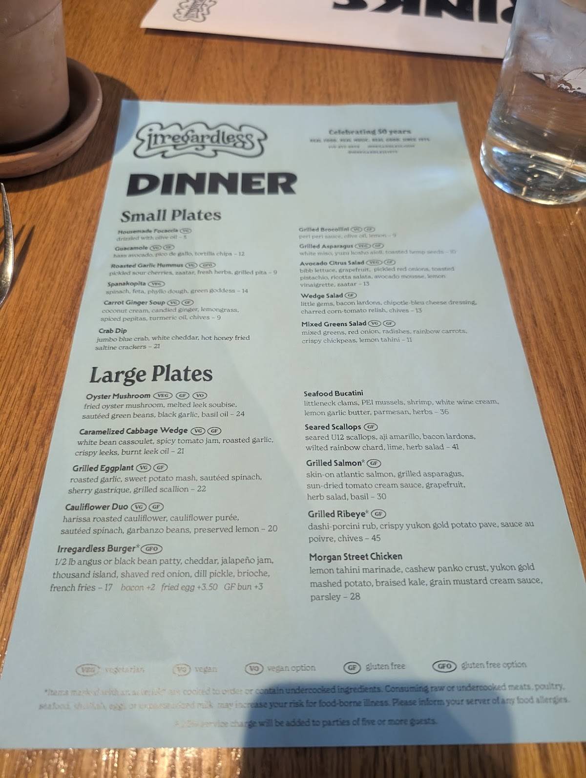 Menu at Irregardless restaurant, Raleigh