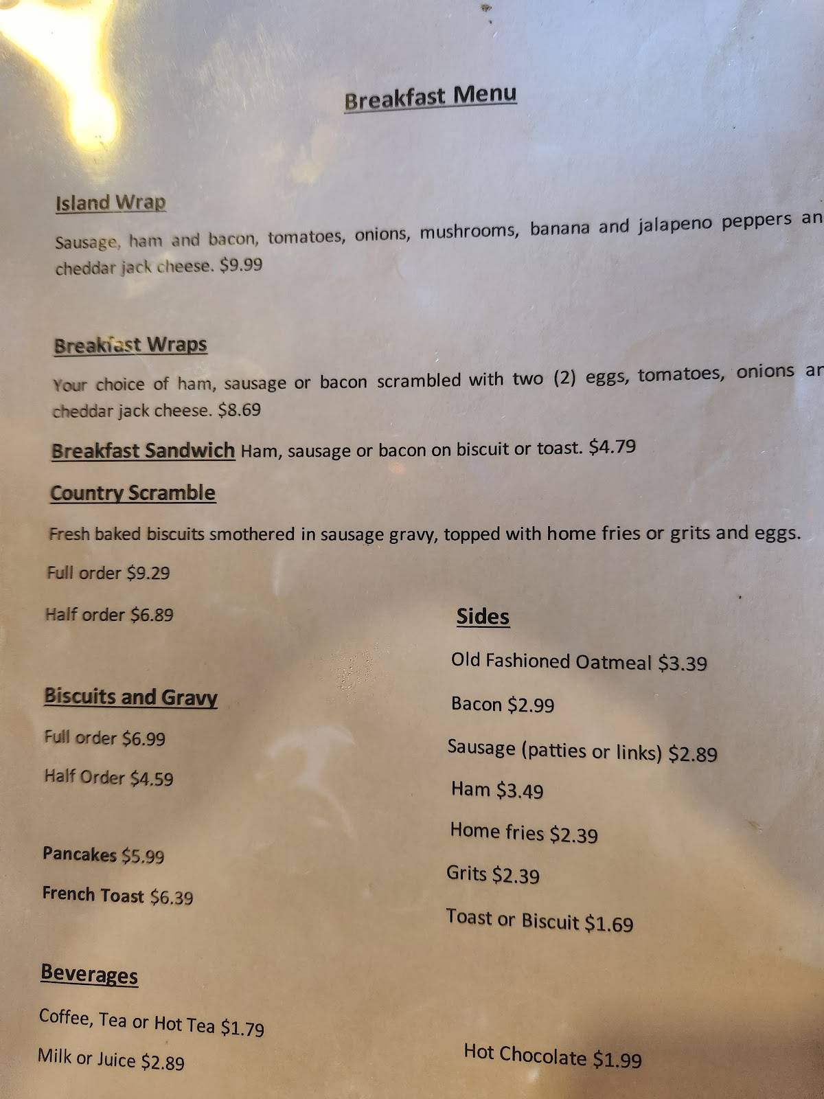 Menu at Island Outpost restaurant, USA, W Ozello Trail