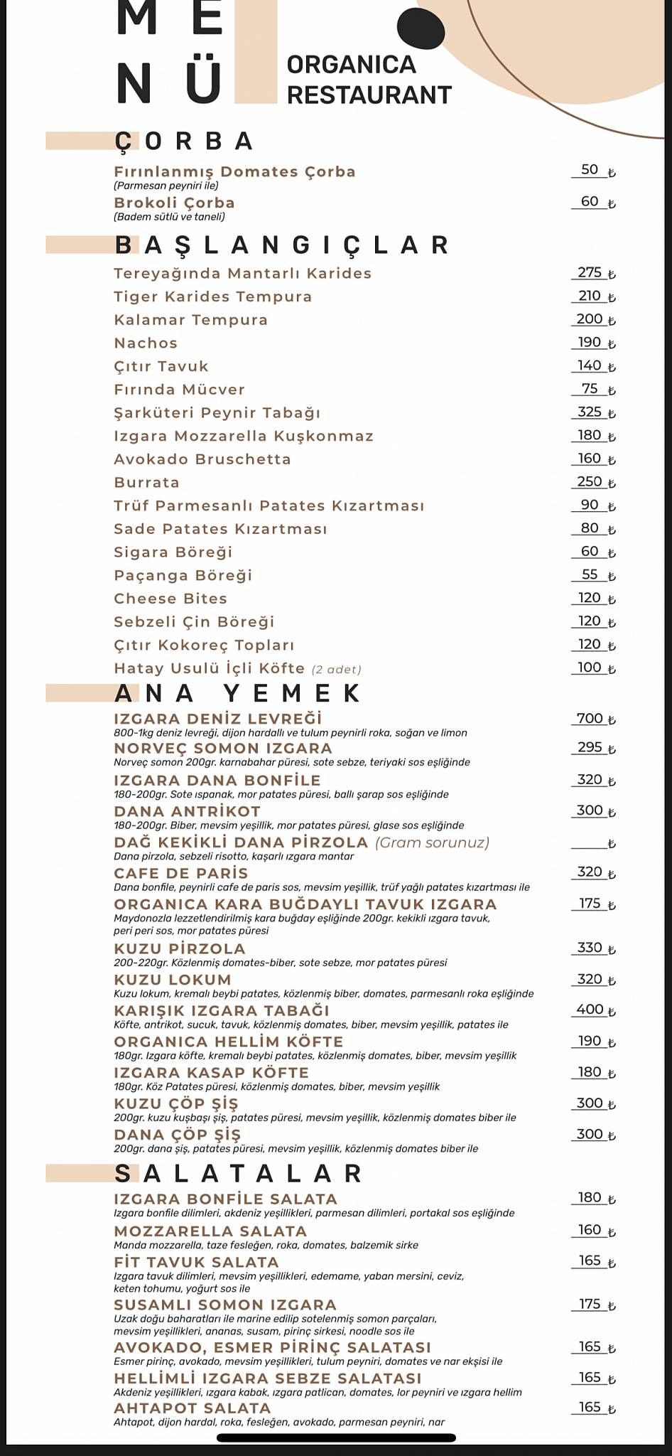 Menu at Organica Restaurant, Uskumruköy Köyü