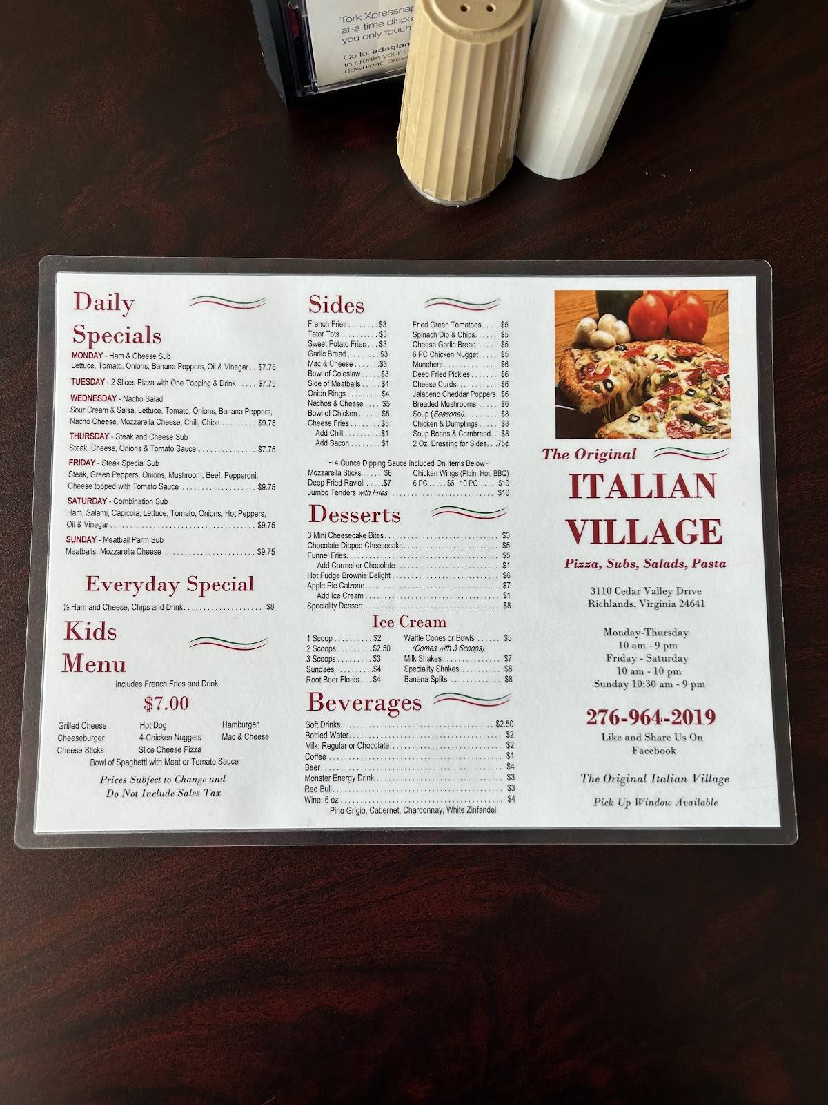 Menu at Italian Village pizzeria, Richlands, Cedar Valley Dr