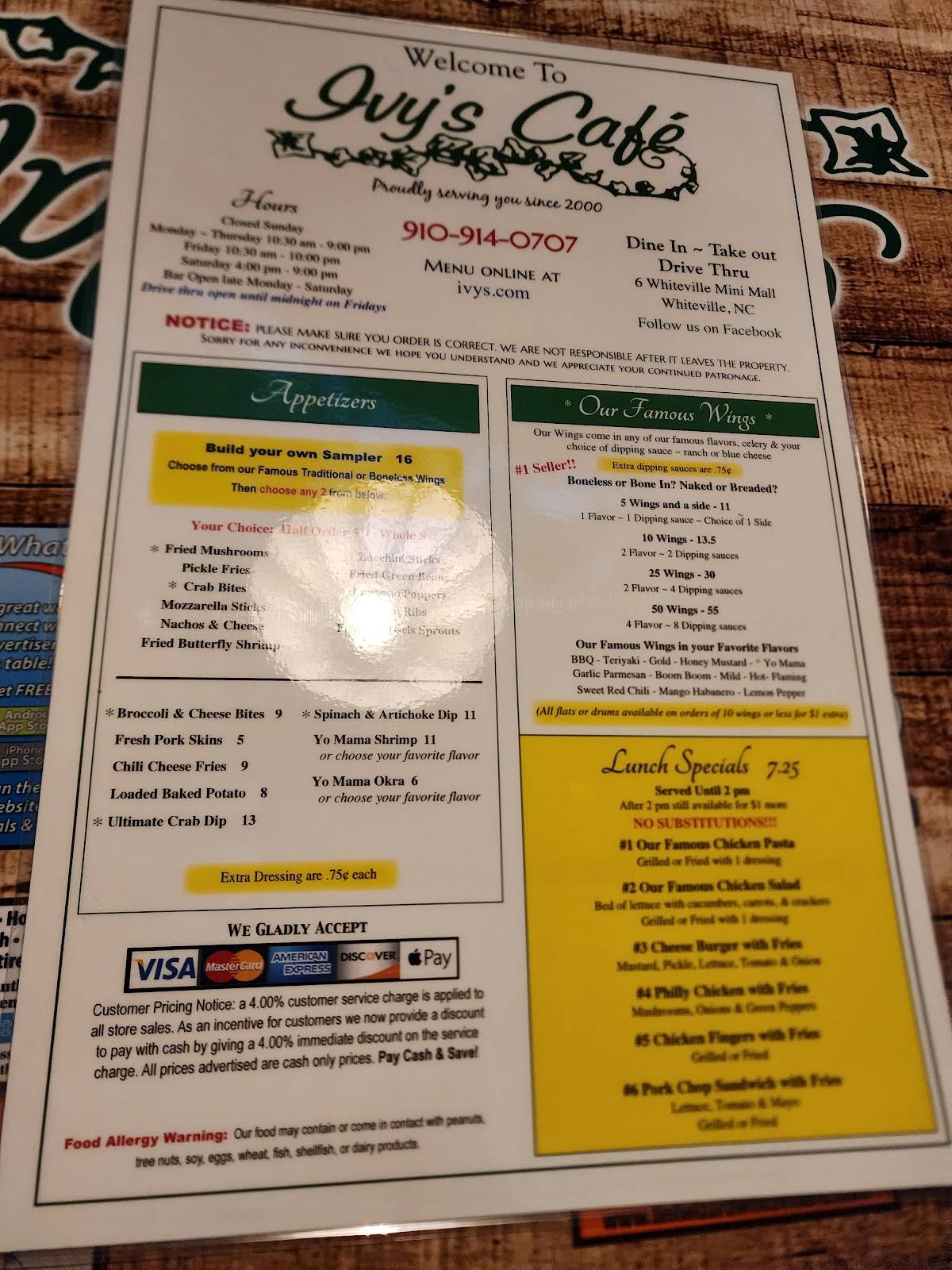 Menu at Ivy's Cafe, Whiteville, Mini Mall