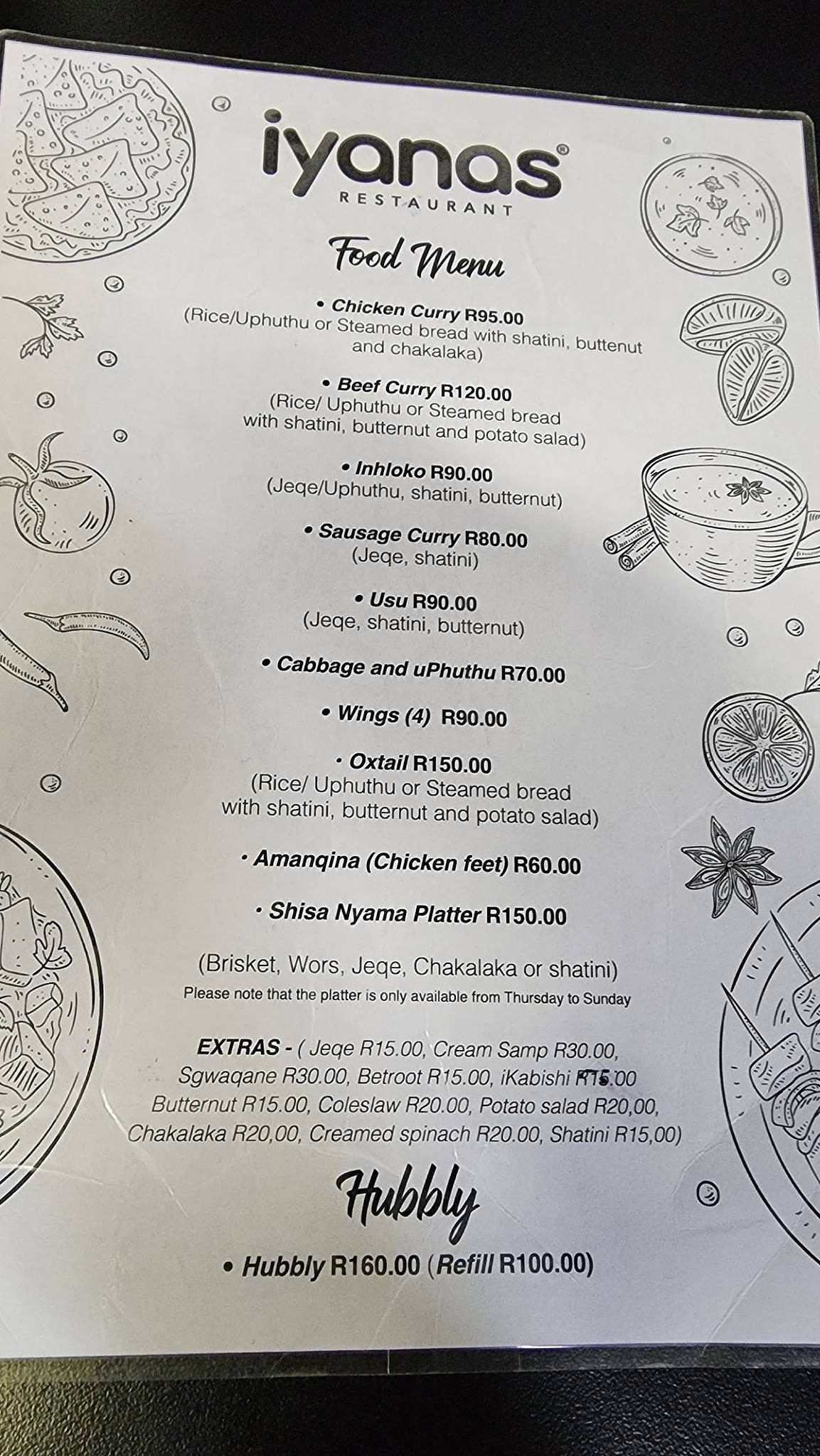 Menu at Iyanas Restaurant, Durban